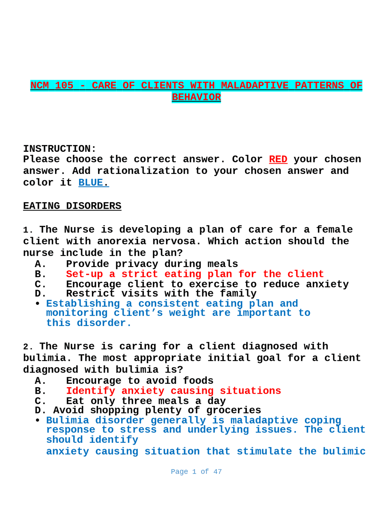 NCM 105 - CARE OF CLIENTS WITH MALADAPTIVE PATTERNS OF BEHAVIOR | Exams Nursing | Docsity