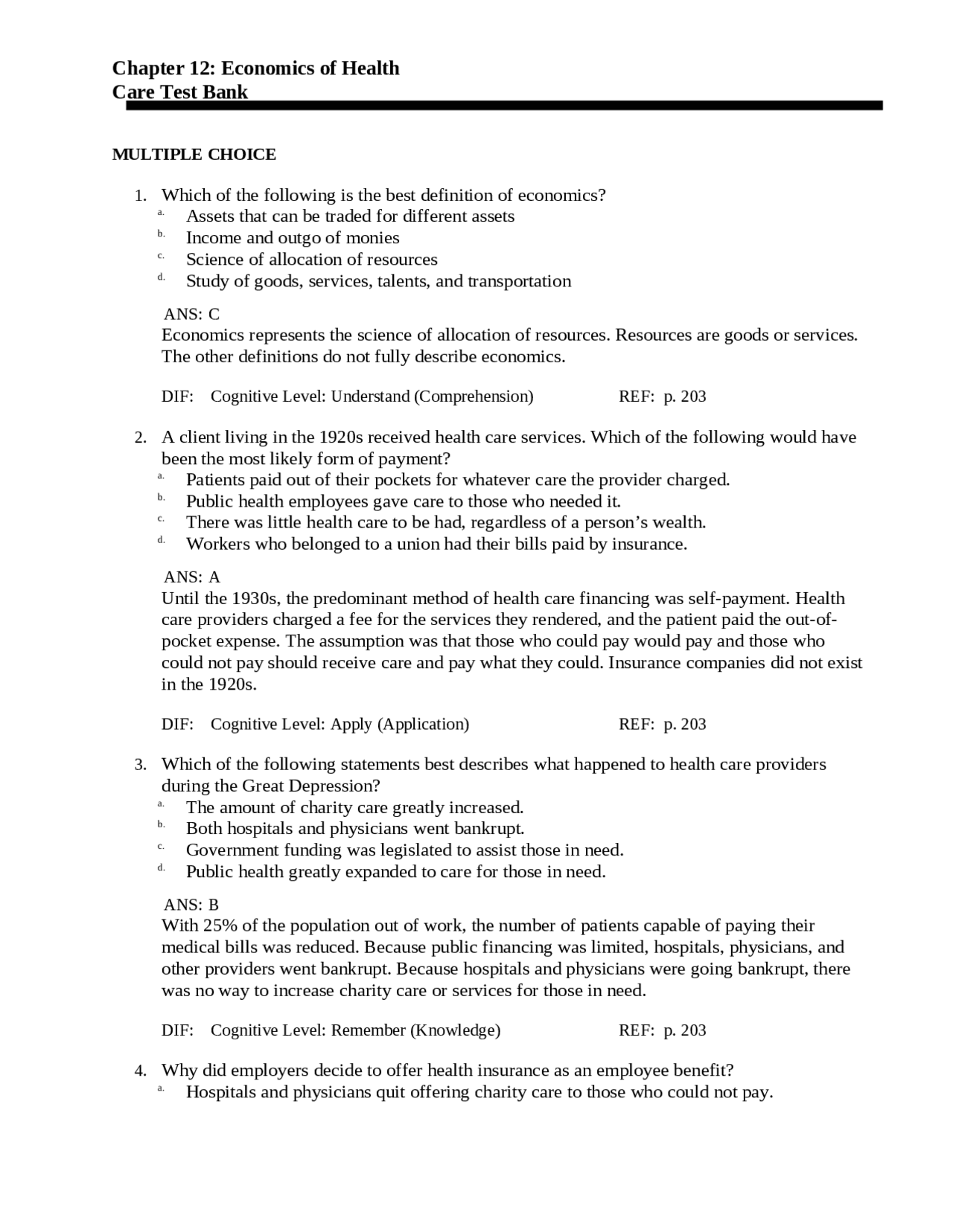 NURS CH 12:ECONOMICS OF HEALTH CARE QUESTIONS WITH ANSWERS 2023 A+ ...