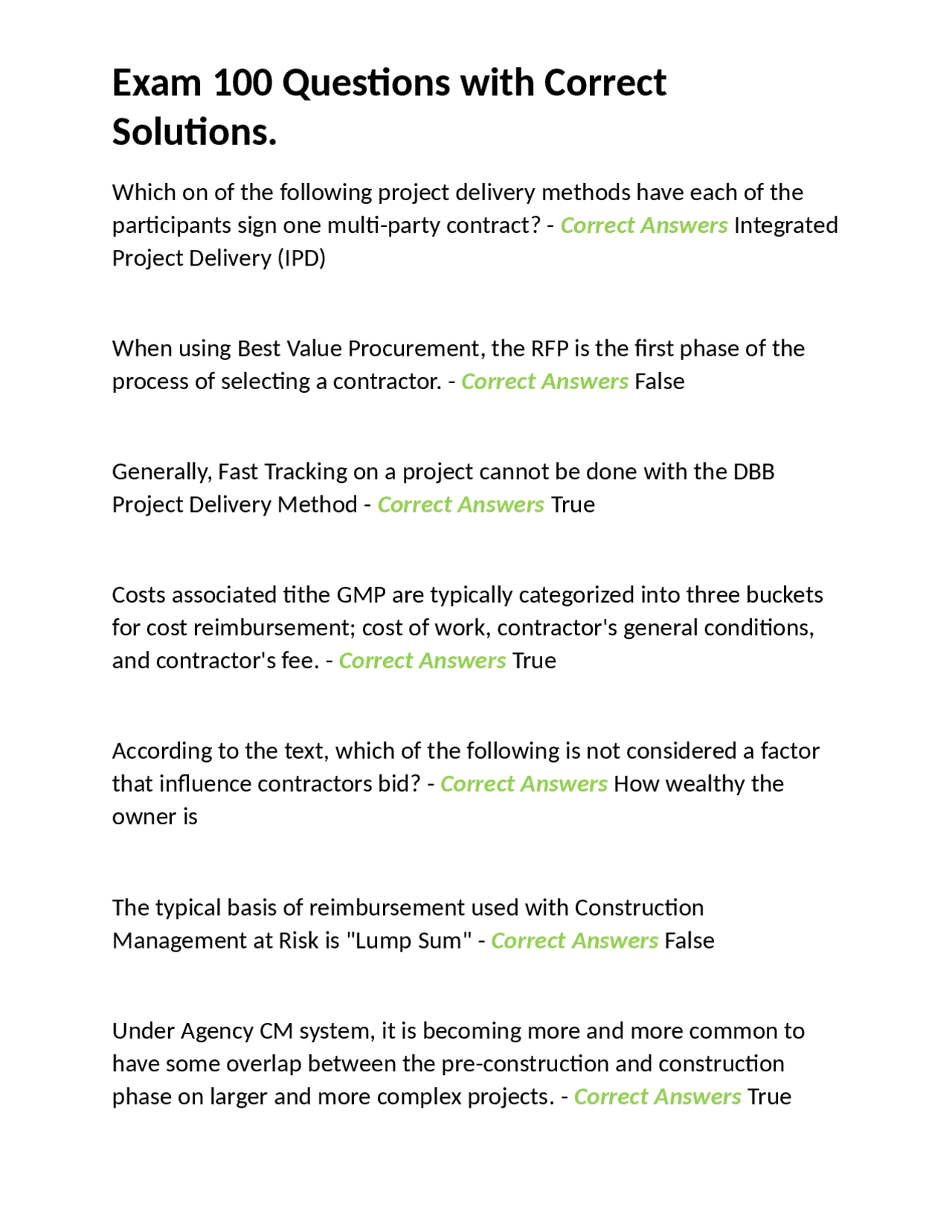 Exam 100 Questions with Correct Solutions. | Exams Nursing | Docsity