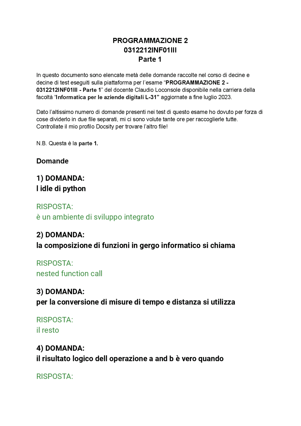 PROGRAMMAZIONE 2 - 0312212INF01III - Parte 1 - Domande e risposte corrette | Prove d'esame di ...