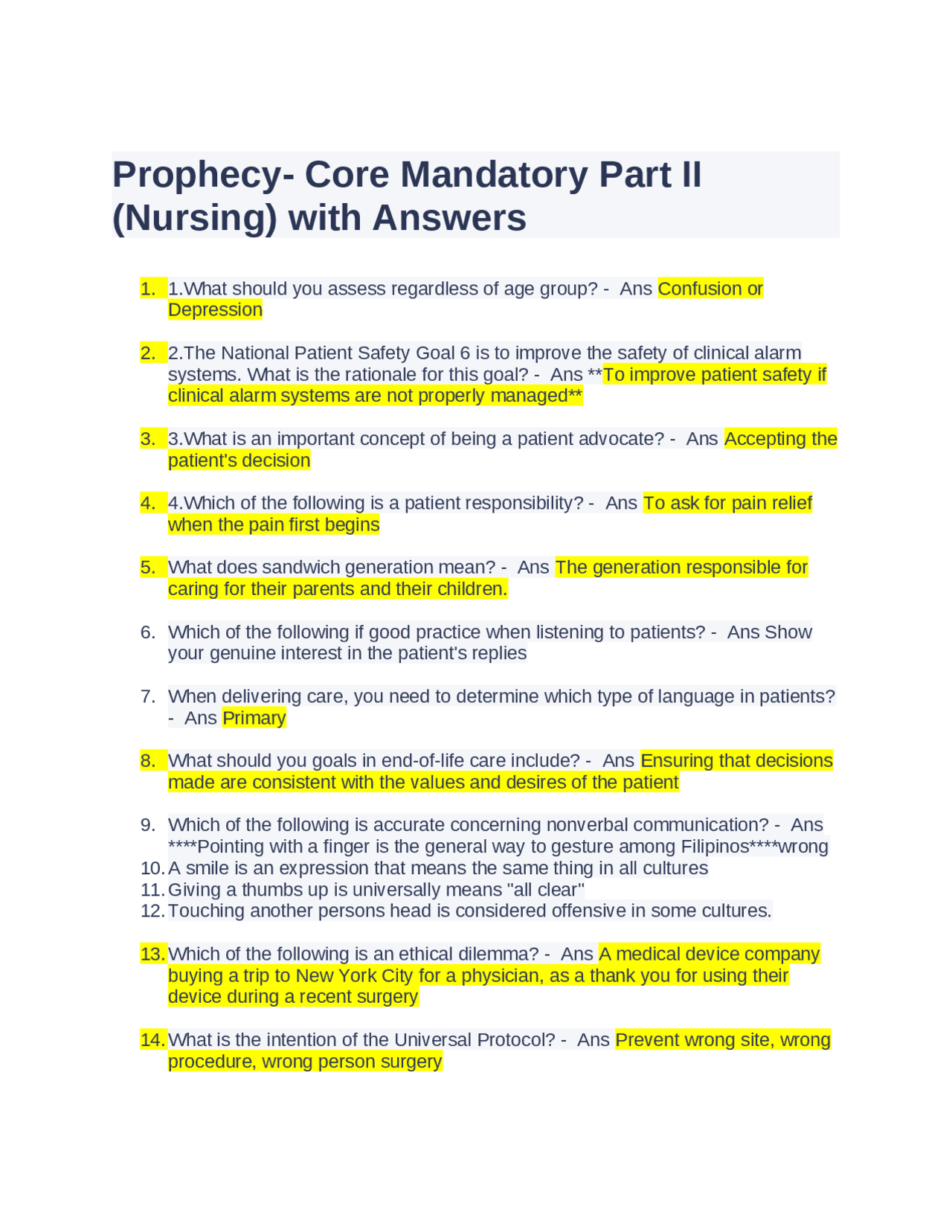 Prophecy Core Mandatory Part Ii Nursing With Answers Exams Nursing