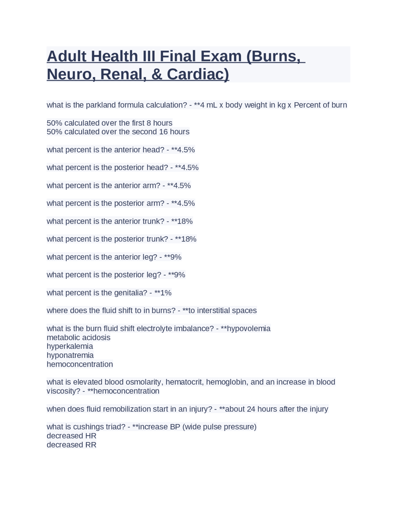 Adult Health III Final Exam (Burns, Neuro, Renal, & Cardiac) | Exams ...
