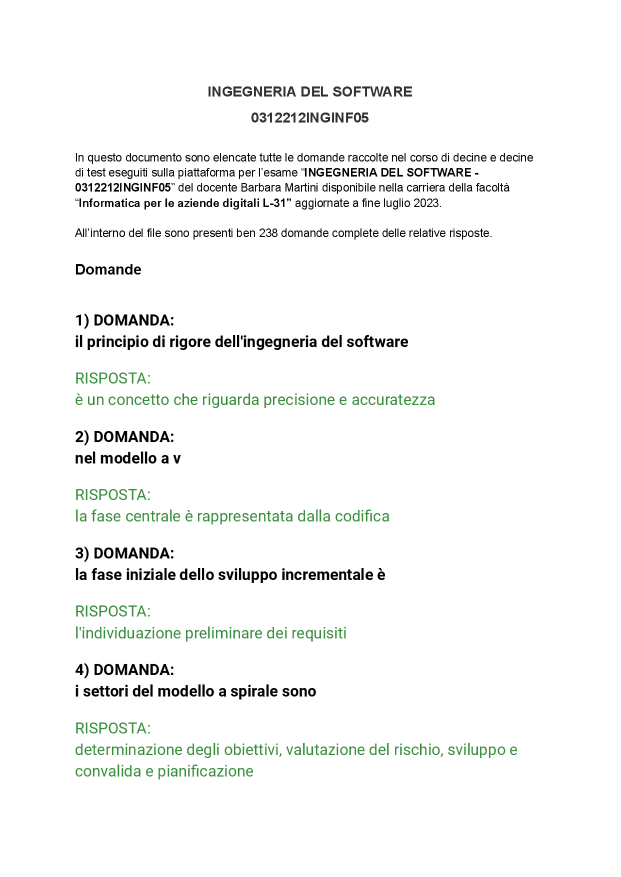 Ingegneria Del Software 0312212inginf05 Tutte Le Domande E Risposte