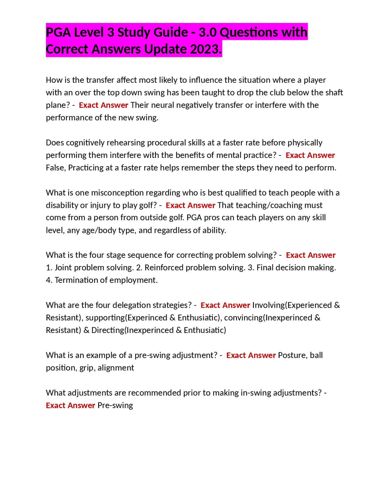 PGA Level 3 Study Guide - 3.0 Questions with Correct Answers Update ...