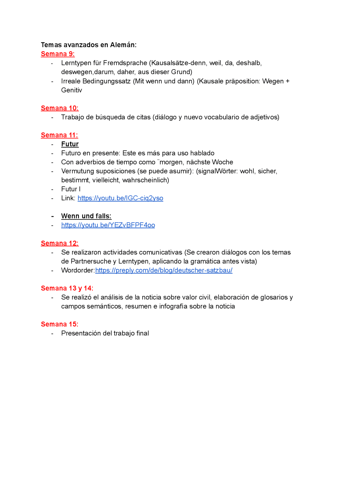 Listado De Temas Del Curso Apuntes De Idioma Alemán Docsity