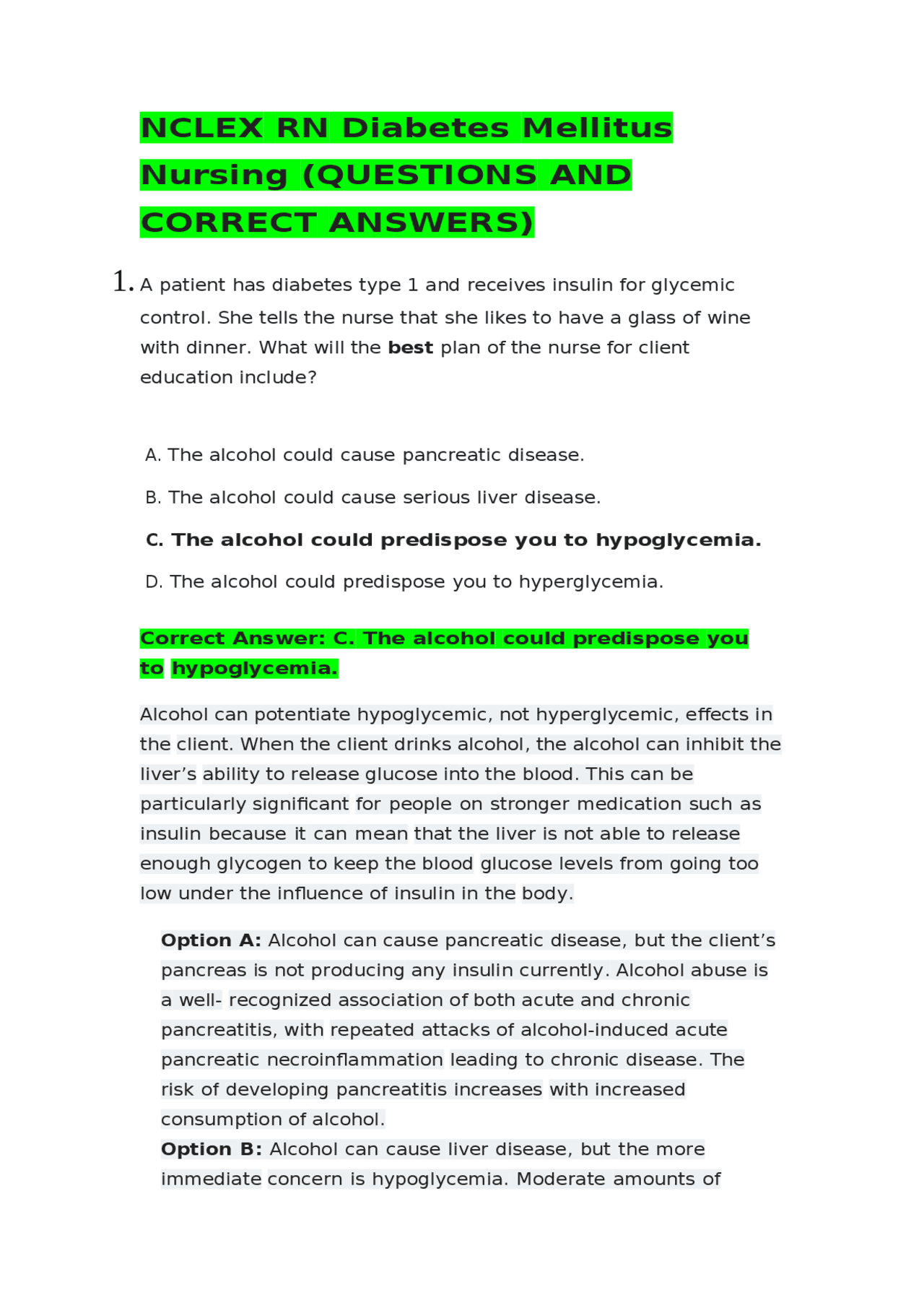 NCLEX RN Diabetes Mellitus Nursing (QUESTIONS AND CORRECT ANSWERS ...