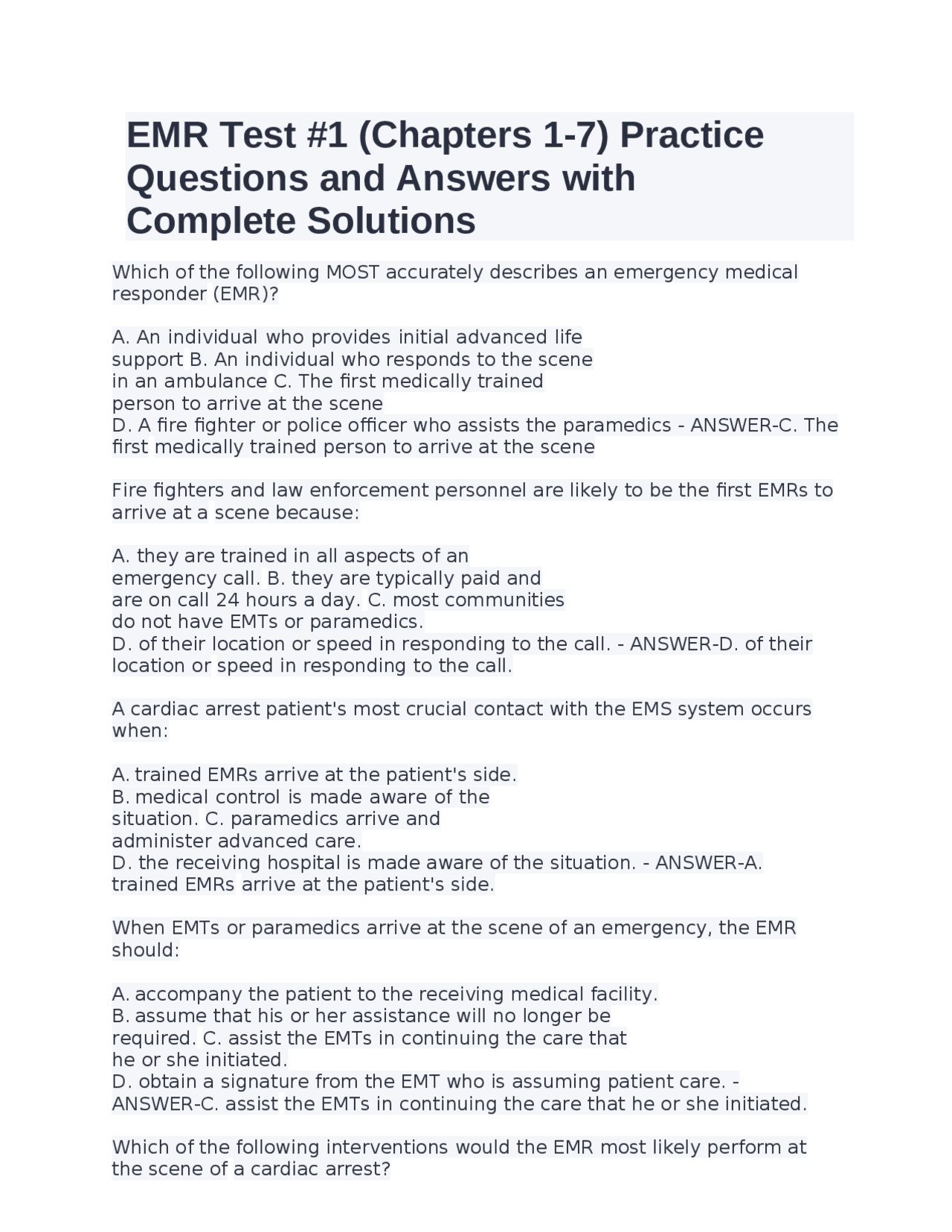 EMR Test #1 (Chapters 1-7) Practice Questions and Answers with Complete ...