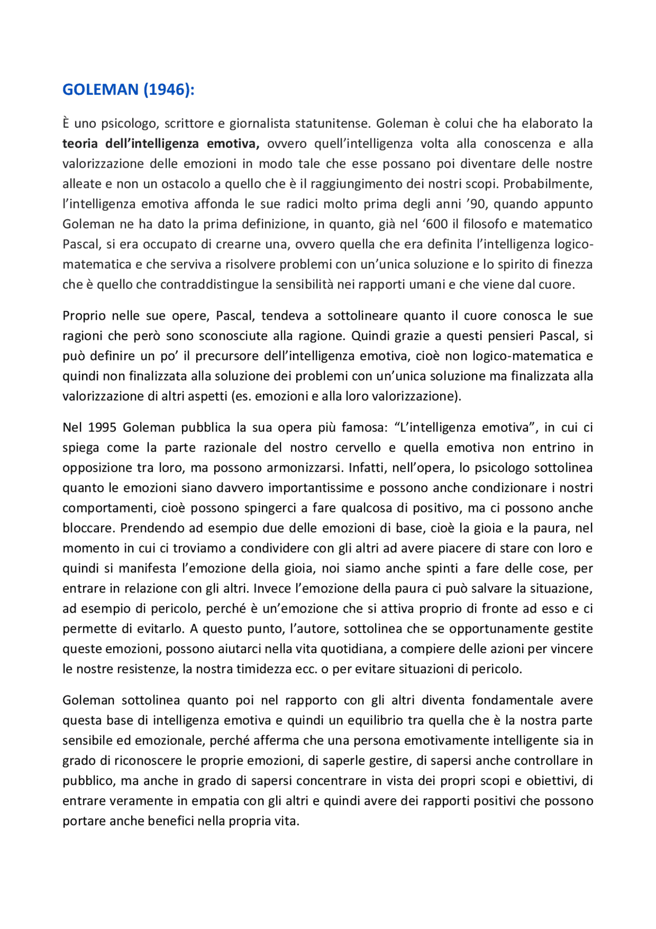 Goleman 1946 Riassunto Sbobinature Di Psicologia Docsity