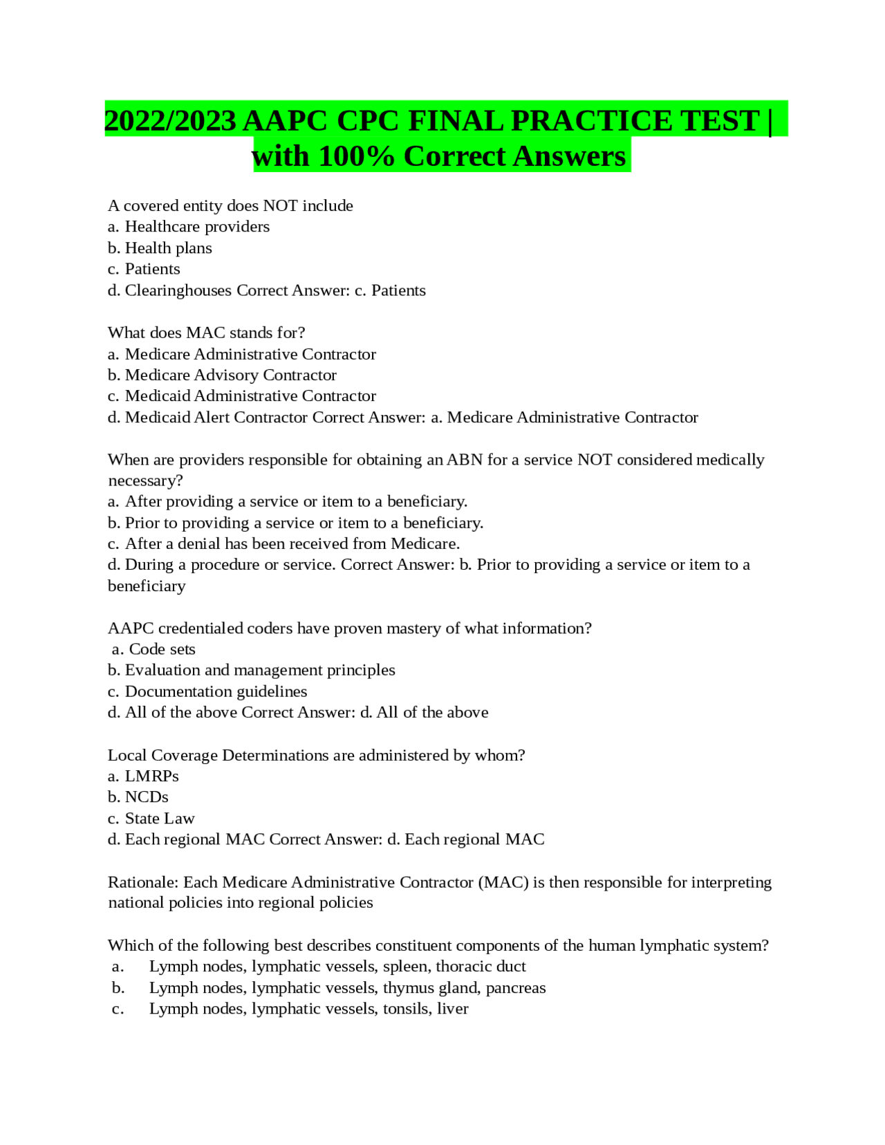 2022/2023 AAPC CPC FINAL PRACTICE TEST | with 100% Correct Answers ...