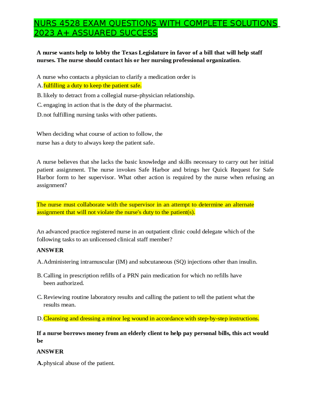 Nurs 4528 Exam Questions With Complete Solutions 2023 A Assuared