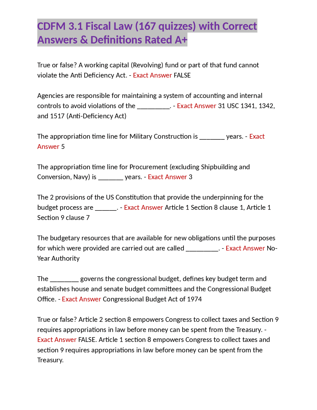 CDFM 3.1 Fiscal Law (167 quizzes) with Correct Answers & Definitions ...