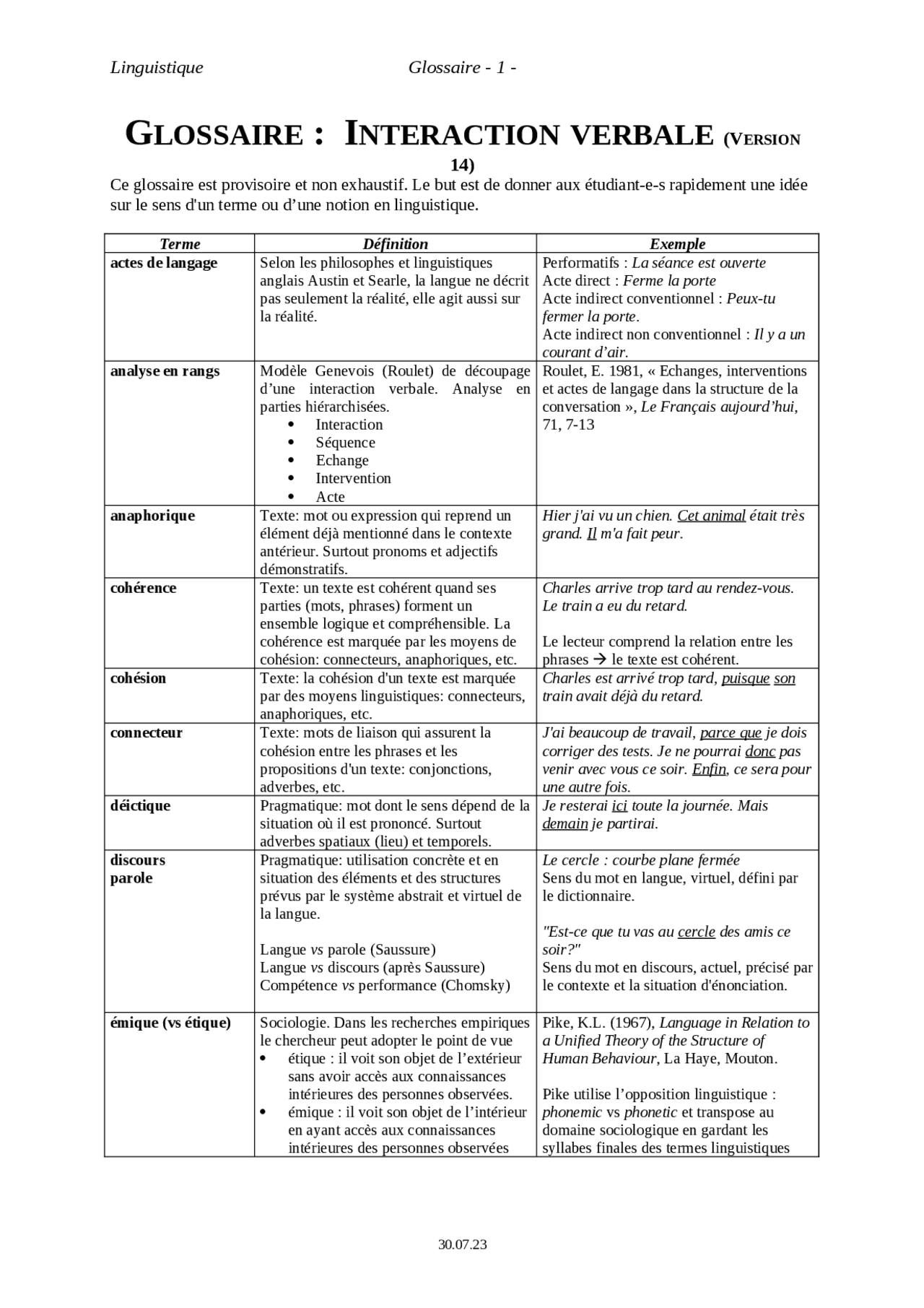 GLOSSAIRE : INTERACTION VERBALE (VERSION 14) Ce glossaire est ...