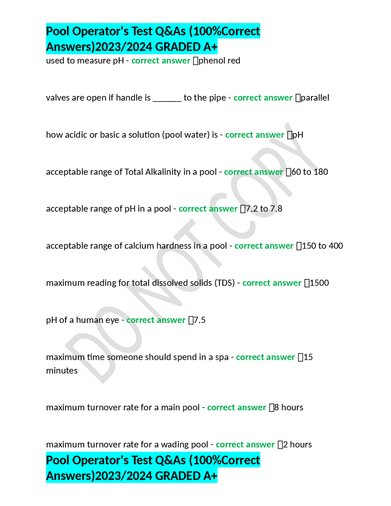 Pool Operator's Test Q&As (100%Correct Answers)2023/2024 GRADED A+ ...