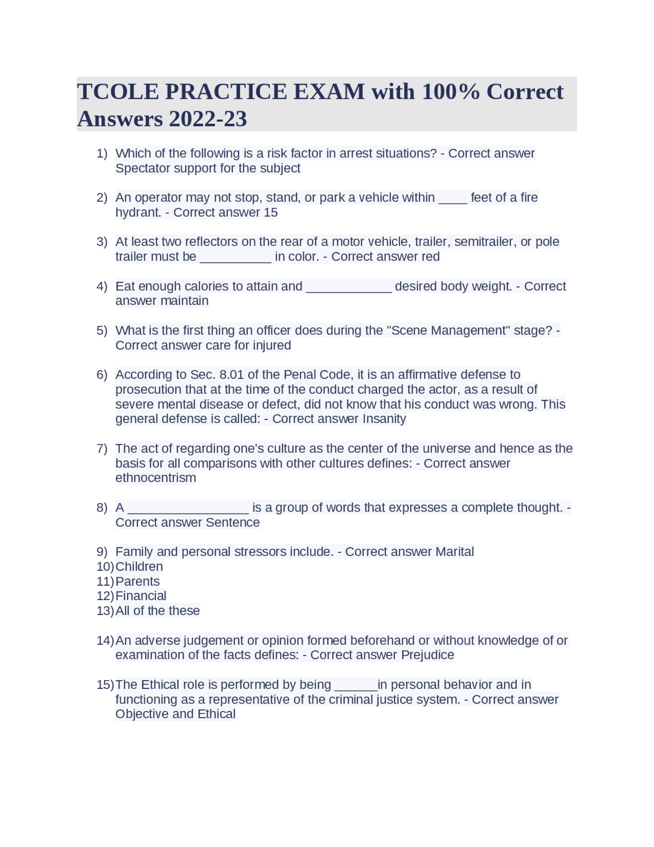 TCOLE PRACTICE EXAM with 100% Correct Answers 2022-23 | Exams Law | Docsity