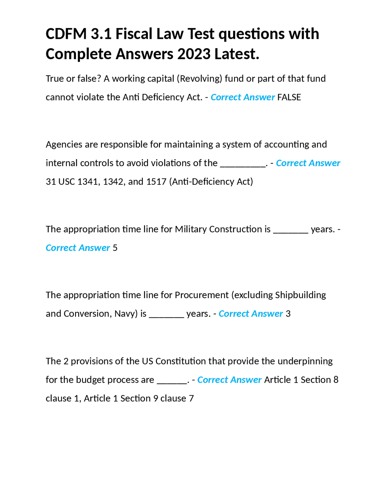 CDFM 3.1 Fiscal Law Test questions with Complete Answers 2023 Latest ...