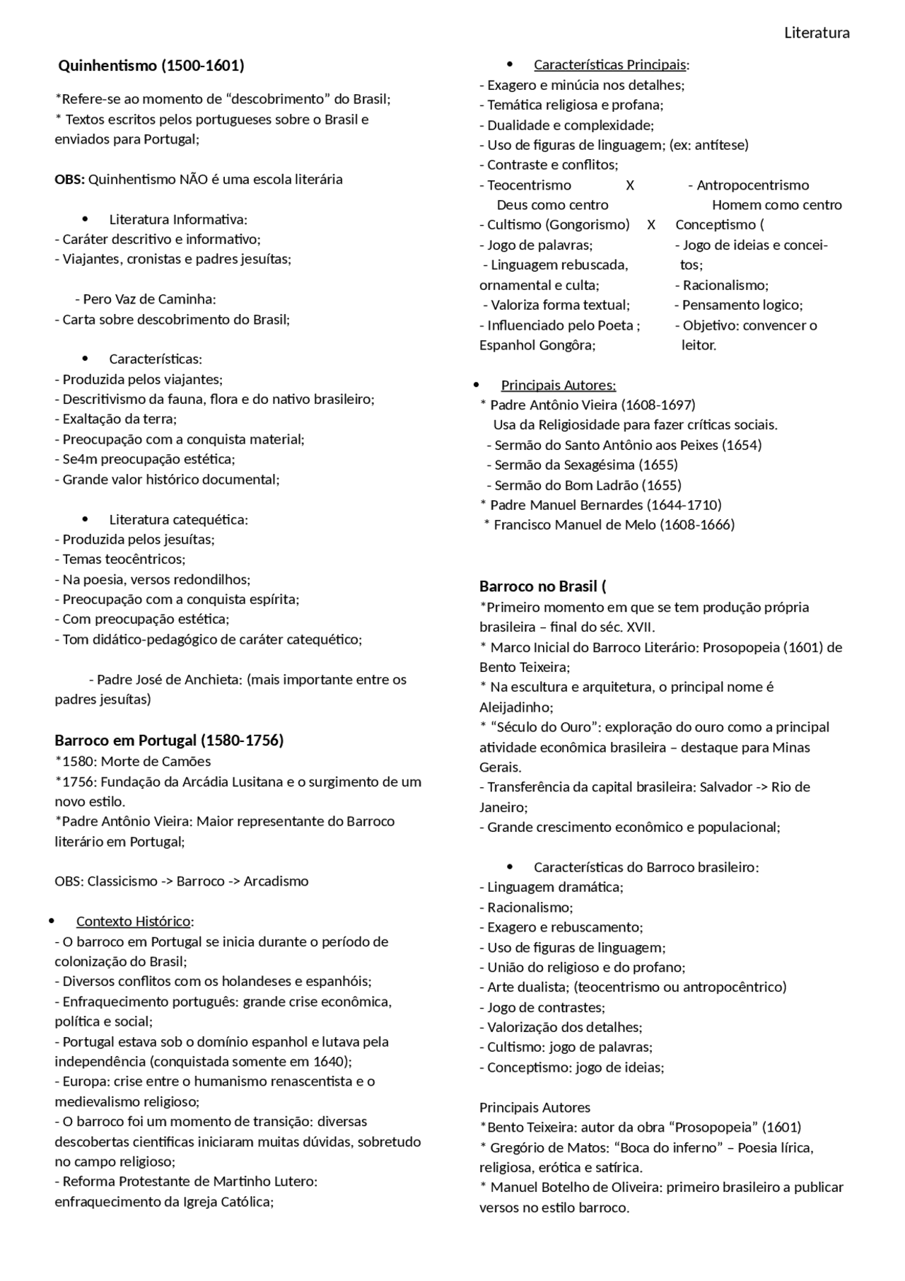 Literatura - quinhentismo e barroco | Resumos Literatura Ensino Médio ...