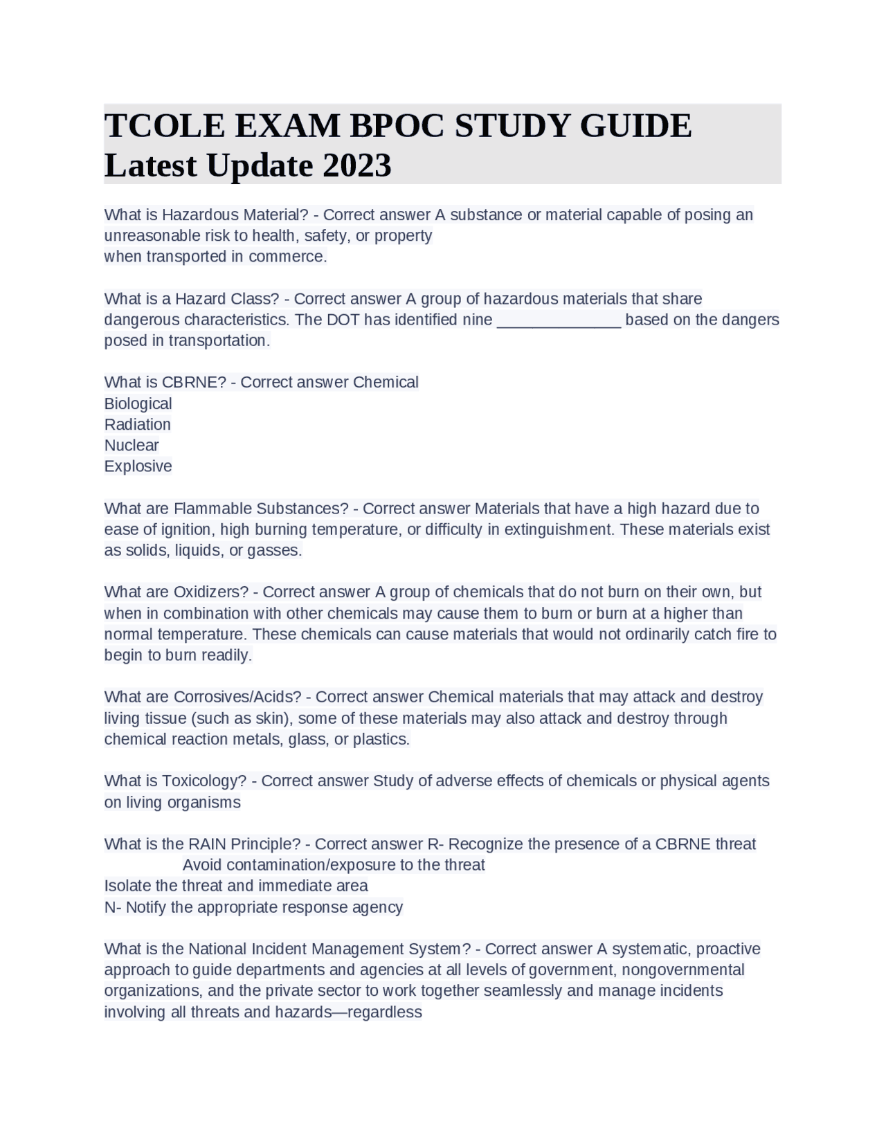 TCOLE EXAM BPOC STUDY GUIDE Latest Update 2023 | Exams Law | Docsity