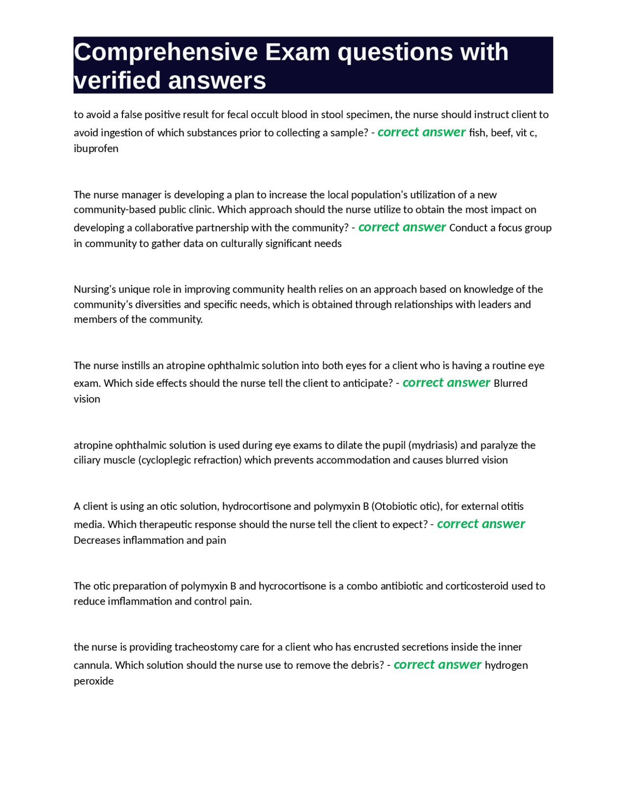 Comprehensive Exam questions with verified answers | Exams Nursing ...