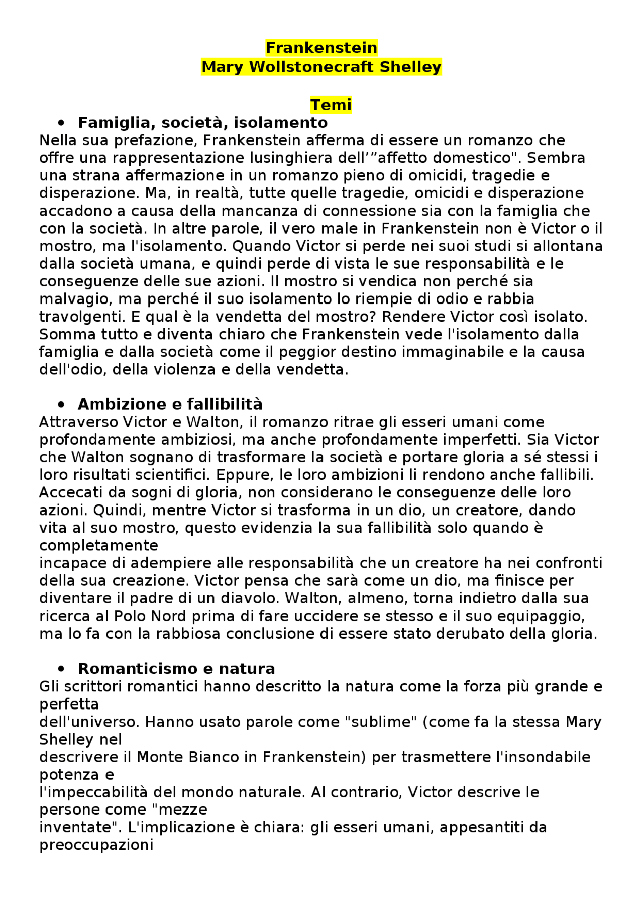 Frankenstein - Mary Shelley, Temi e titolo dell'opera | Appunti di Letteratura Inglese | Docsity