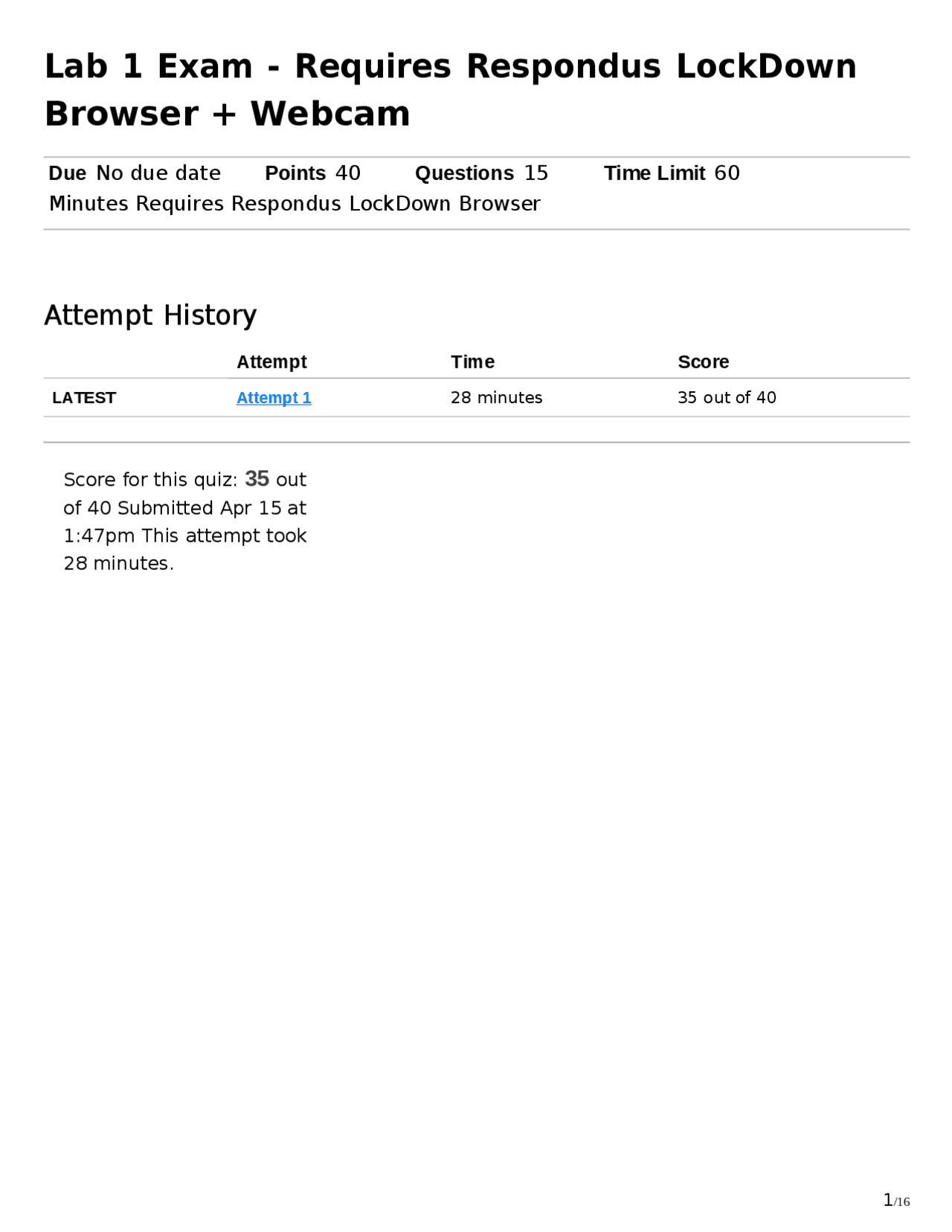 Lab 1 Exam - Requires Respondus LockDown Browser + Webcam | Exams ...