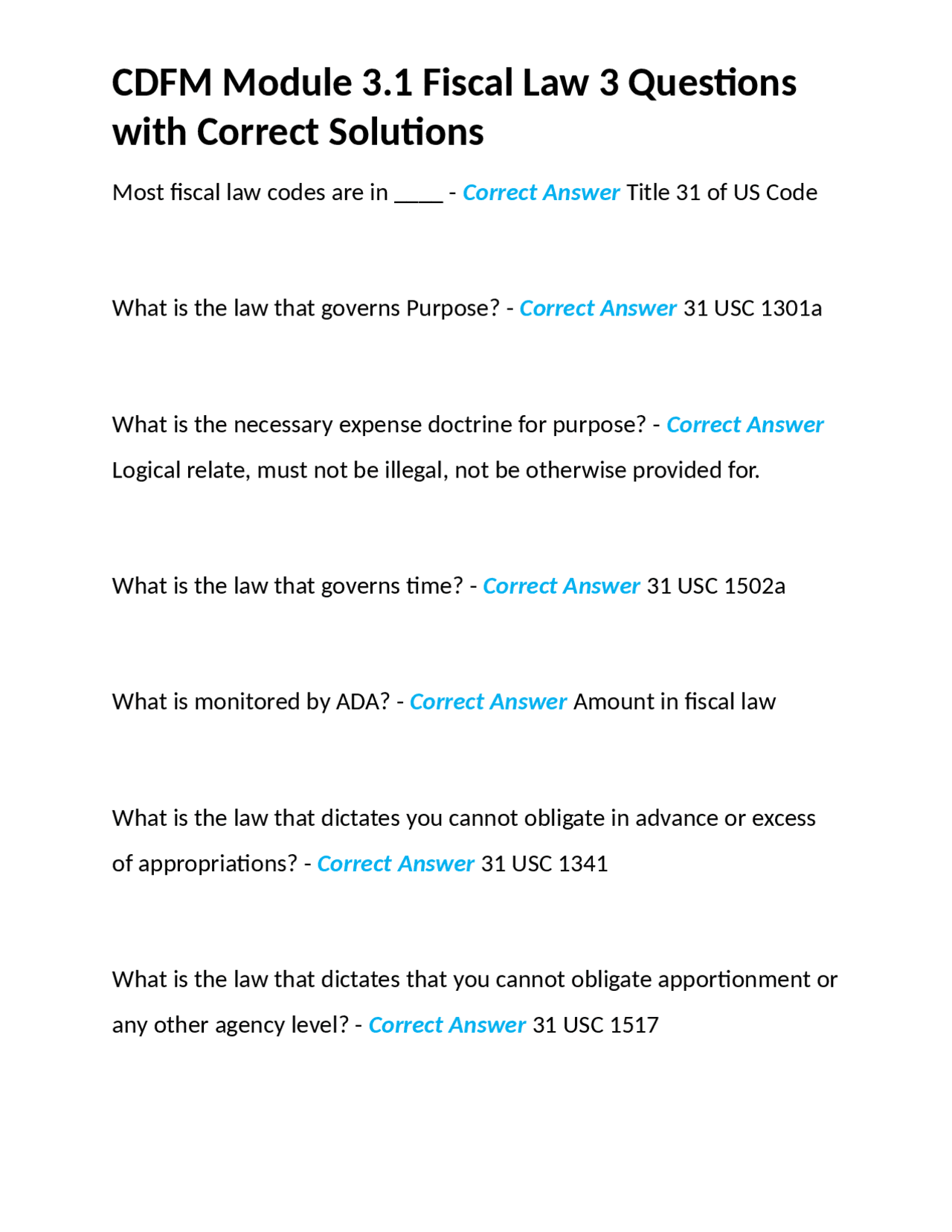 CDFM Module 3.1 Fiscal Law 3 Questions with Correct Solutions | Exams ...