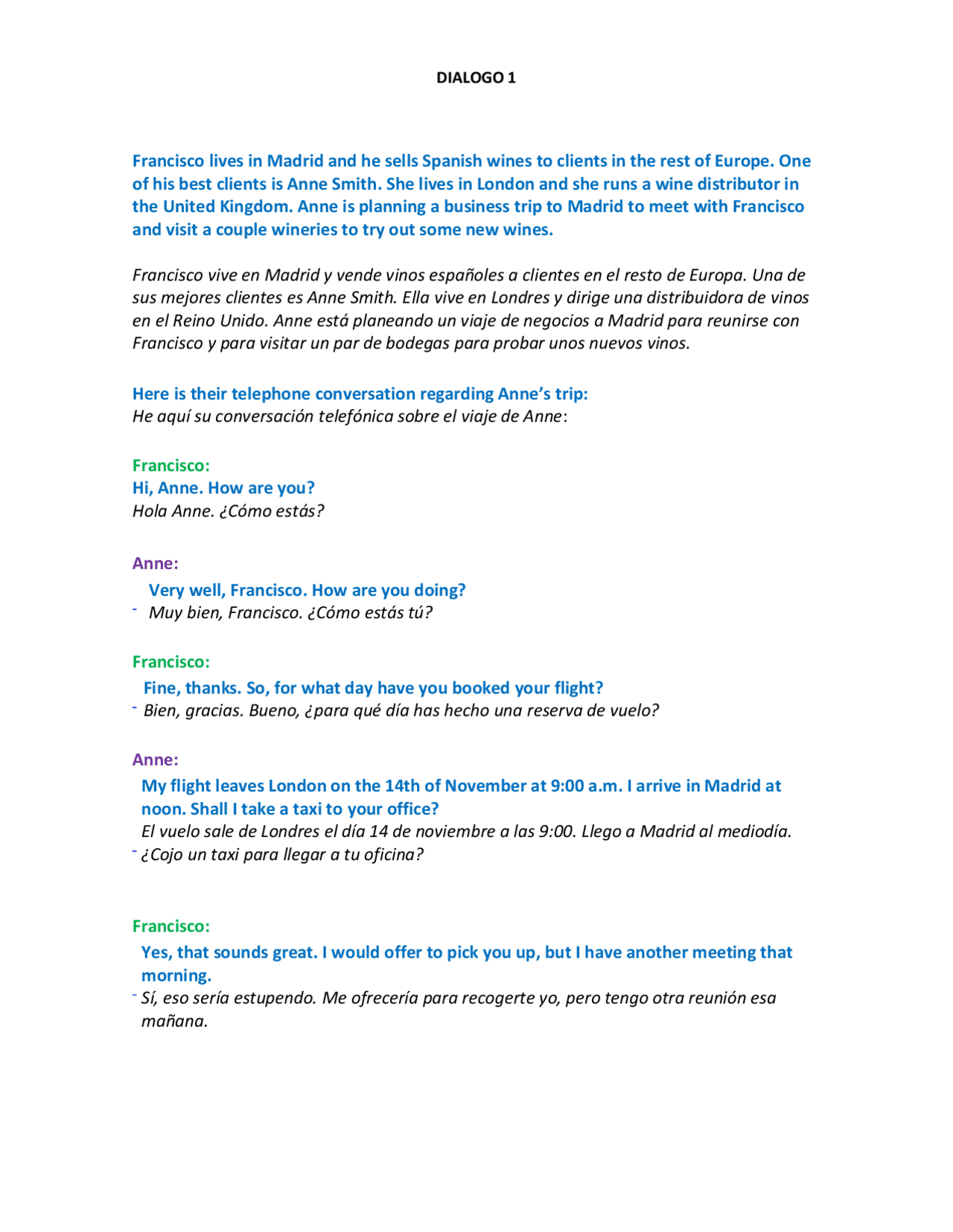 Dialogo en ingles breve | Ejercicios de Inglés | Docsity