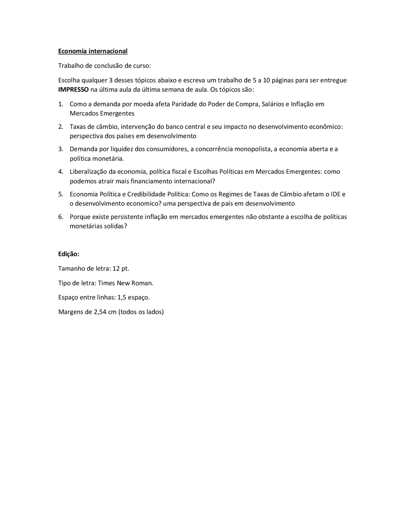 Trabalho De Economia Internacional Provas Economia Aplicada Docsity