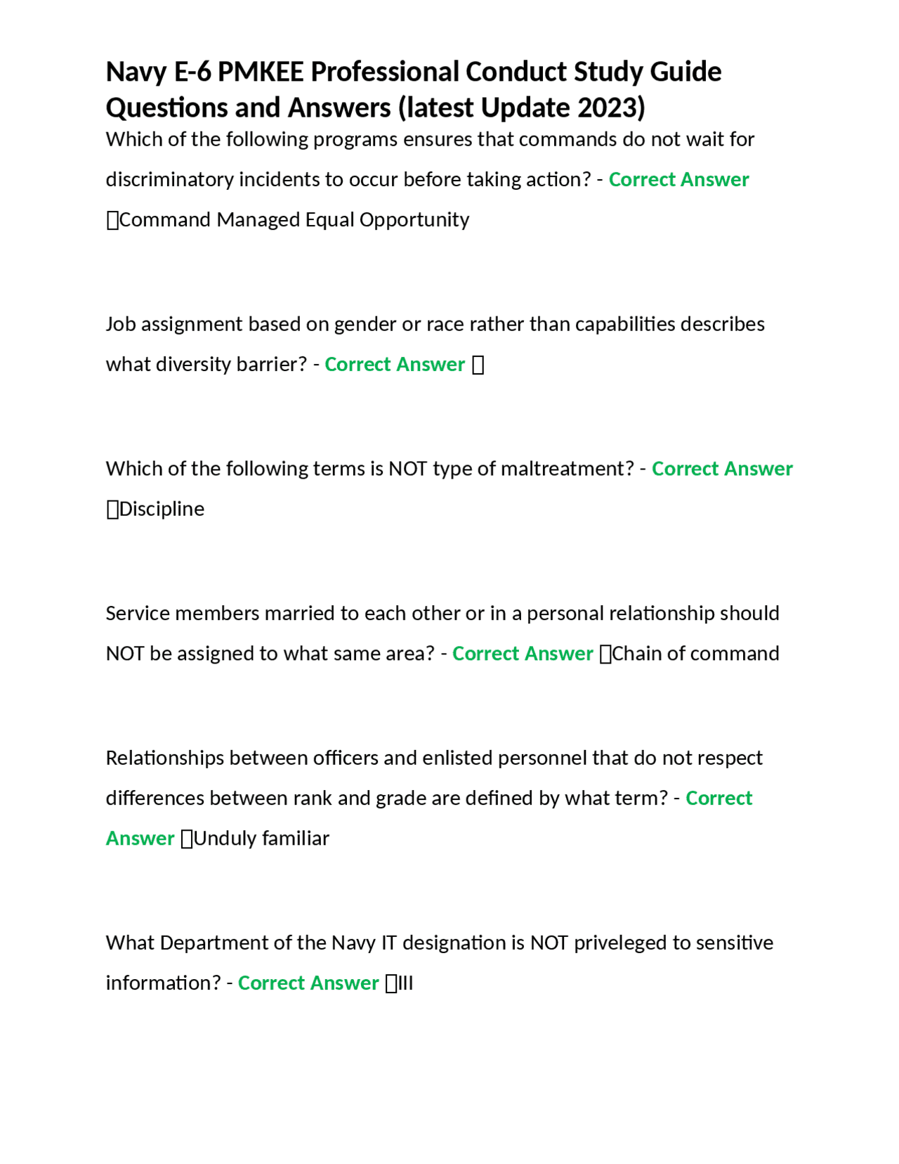 Navy E-6 PMKEE Professional Conduct Study Guide Questions and Answers ...