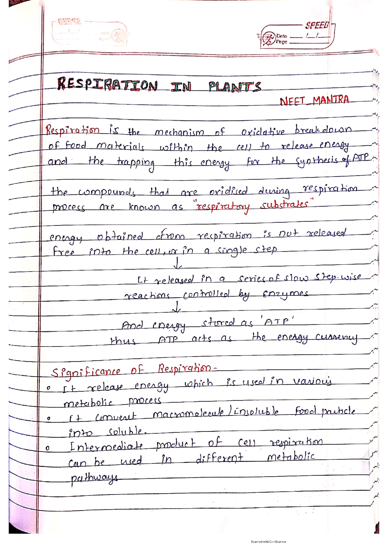Respiration in plants | Study notes Biology | Docsity