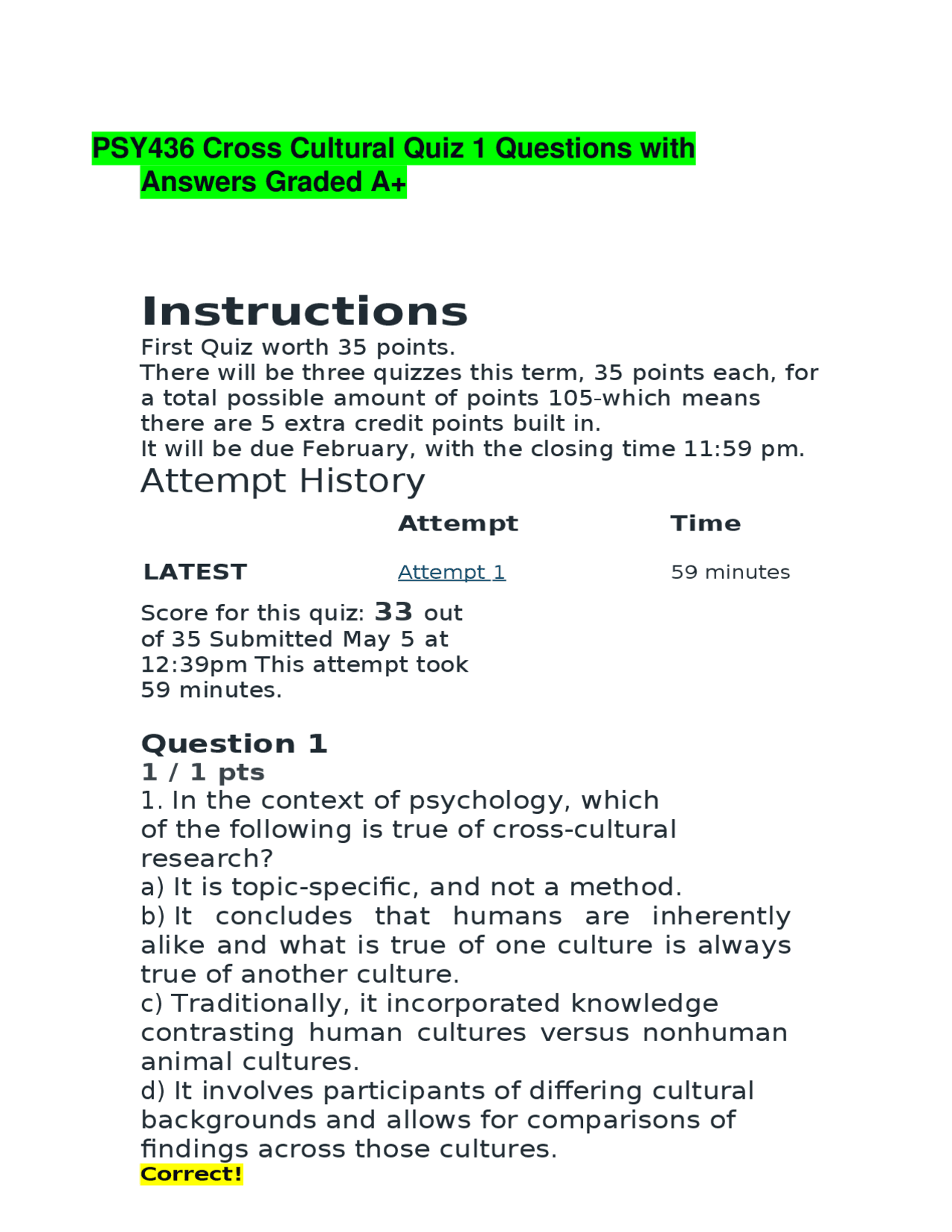PSY436 Cross Cultural Quiz 1 Questions with Answers Graded A+ | Exams ...