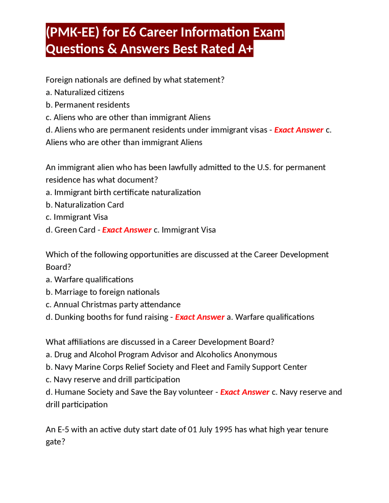 (PMK-EE) for E6 Career Information Exam Questions & Answers Best Rated ...