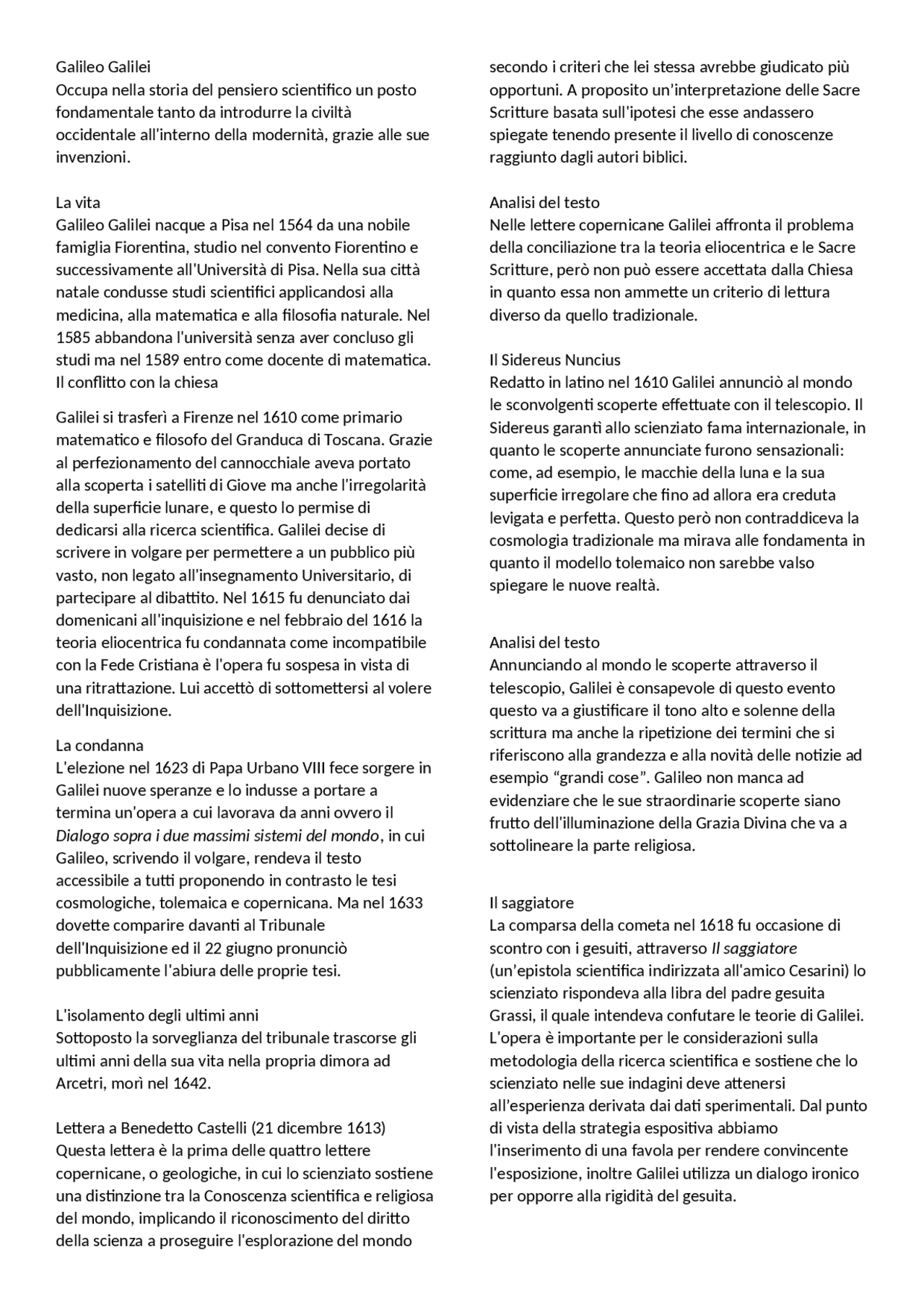 Galileo Riassunto Appunti Di Italiano Docsity