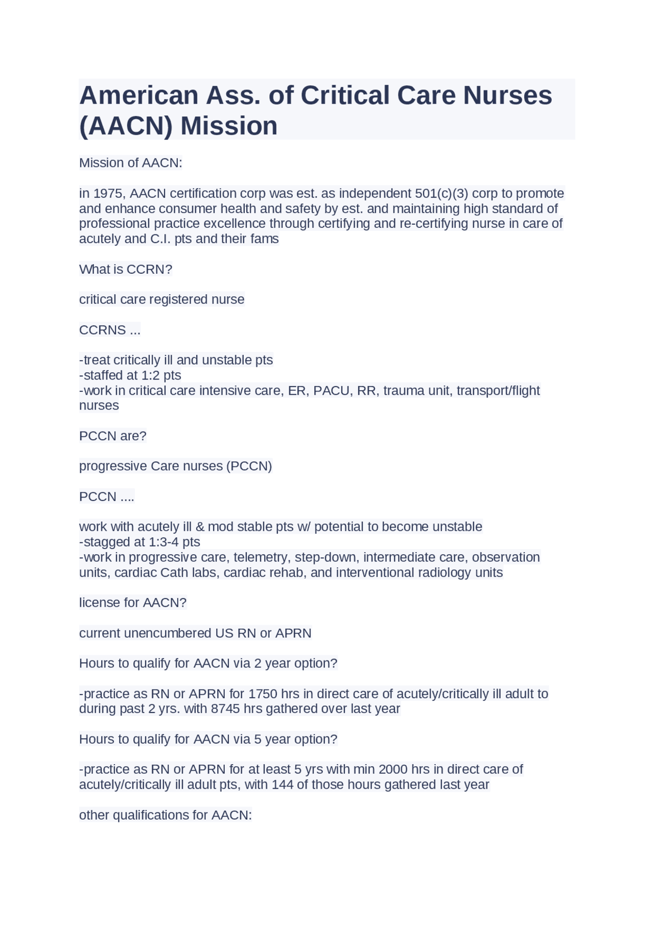 American Ass. of Critical Care Nurses (AACN) Mission | Assignments ...