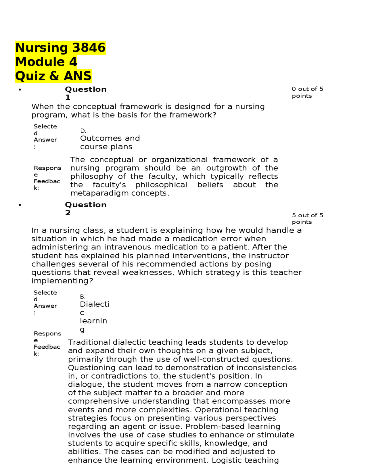 Nursing 3846 Module 4 Quiz & ANS | Exams Nursing | Docsity