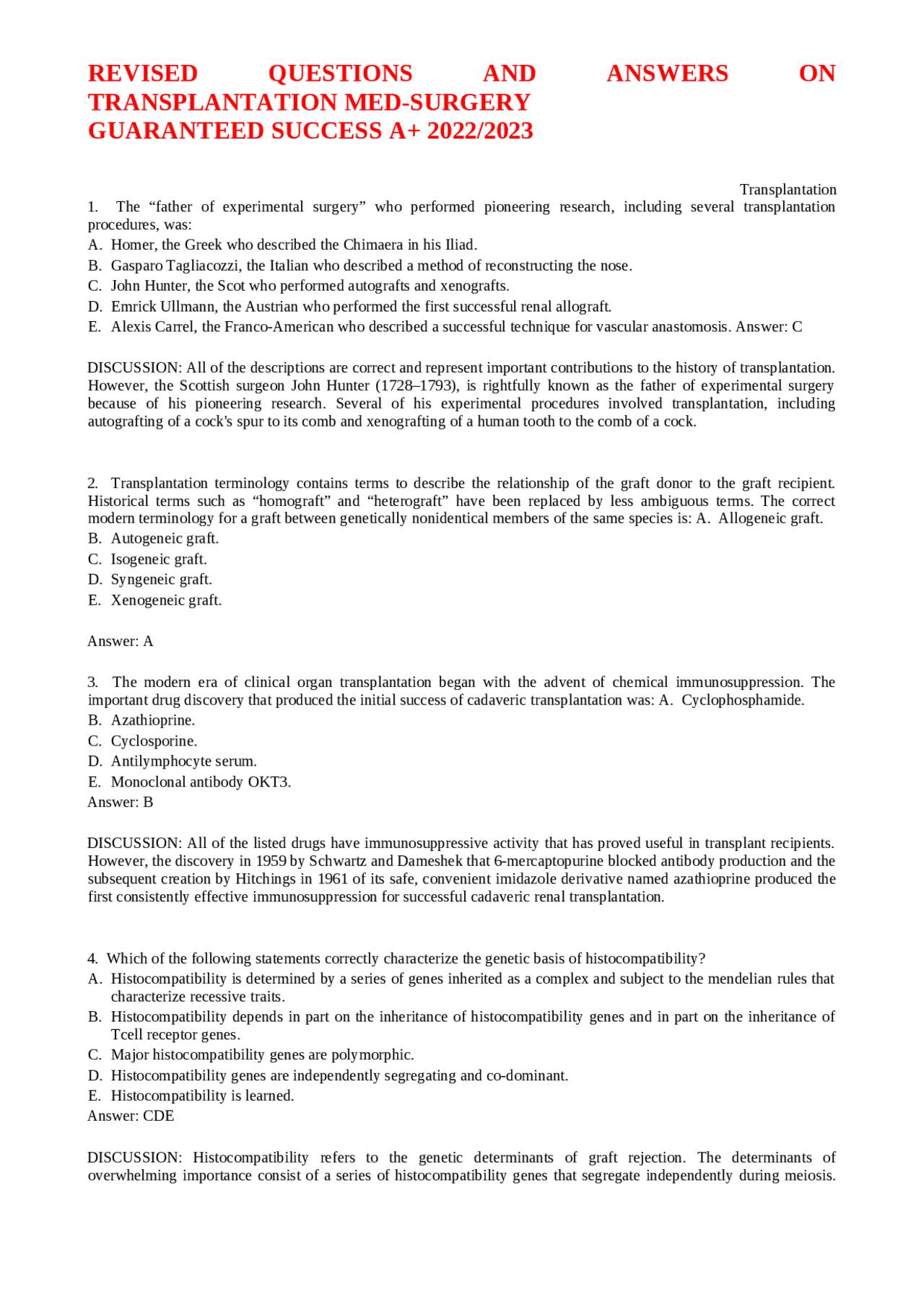 REVISED QUESTIONS AND ANSWERS ON TRANSPLANTATION MED-SURGERY GUARANTEED SUCCESS A+ 2022/20 ...