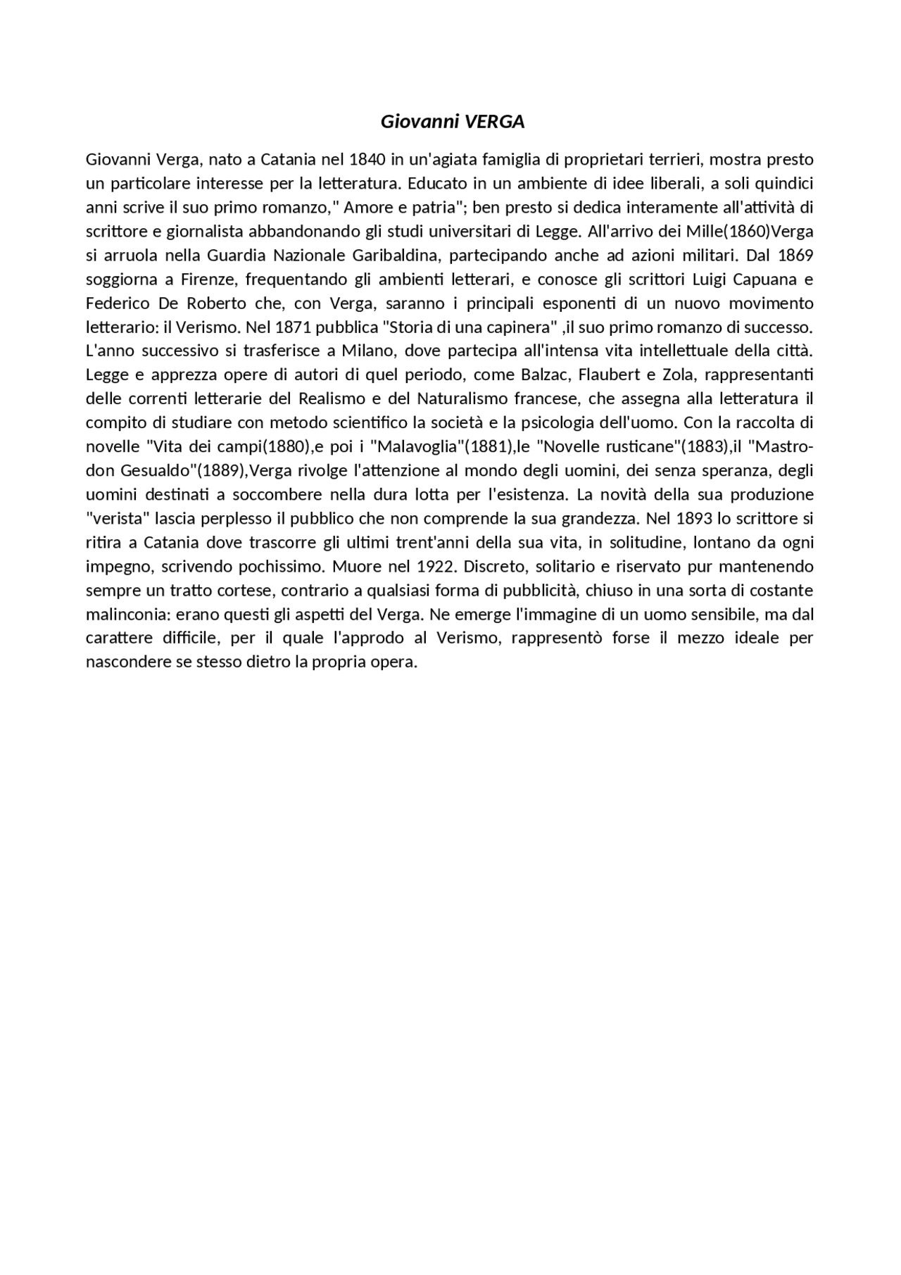 Giovanni Verga vita e opere | Schemes and Mind Maps of Italian | Docsity