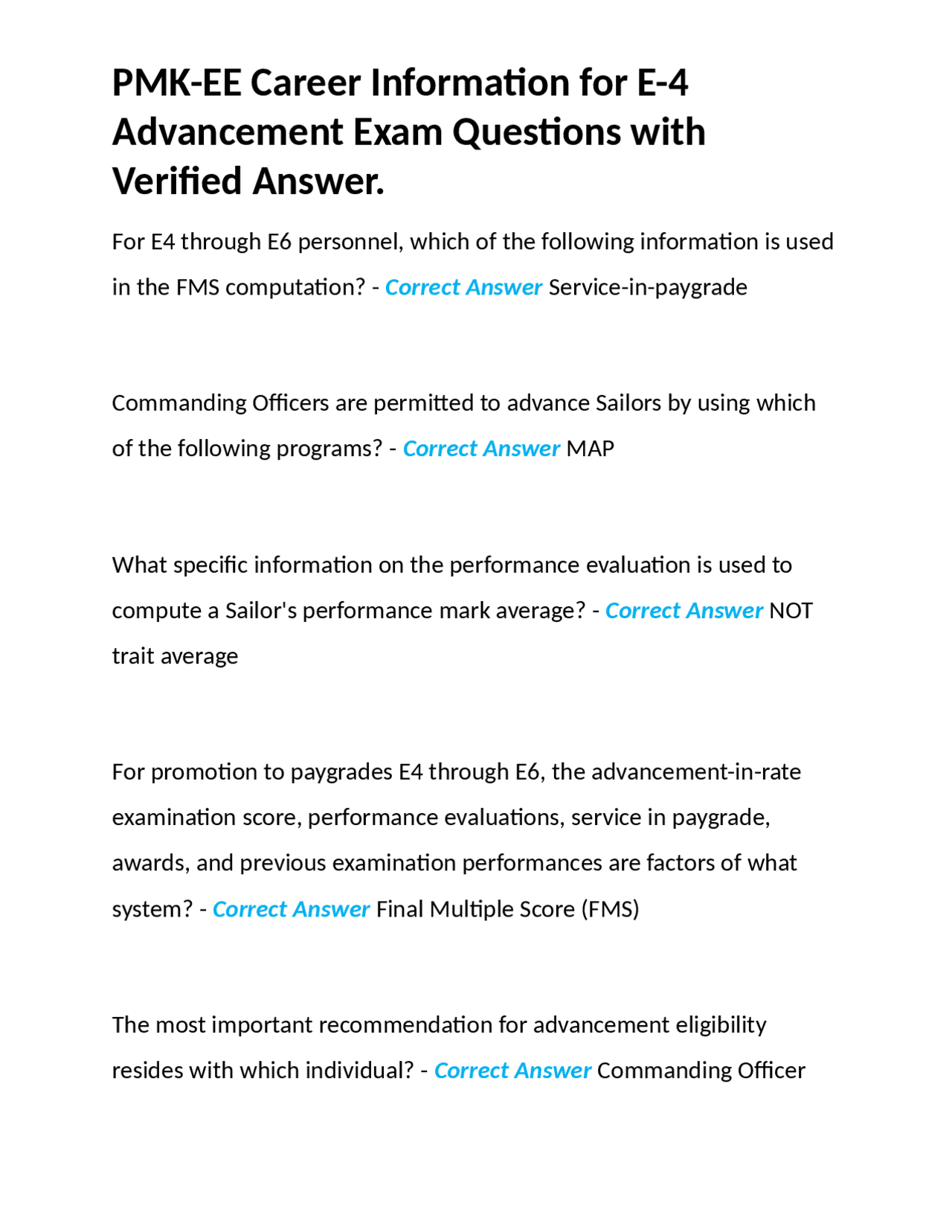 PMK-EE Career Information for E-4 Advancement Exam Questions with ...