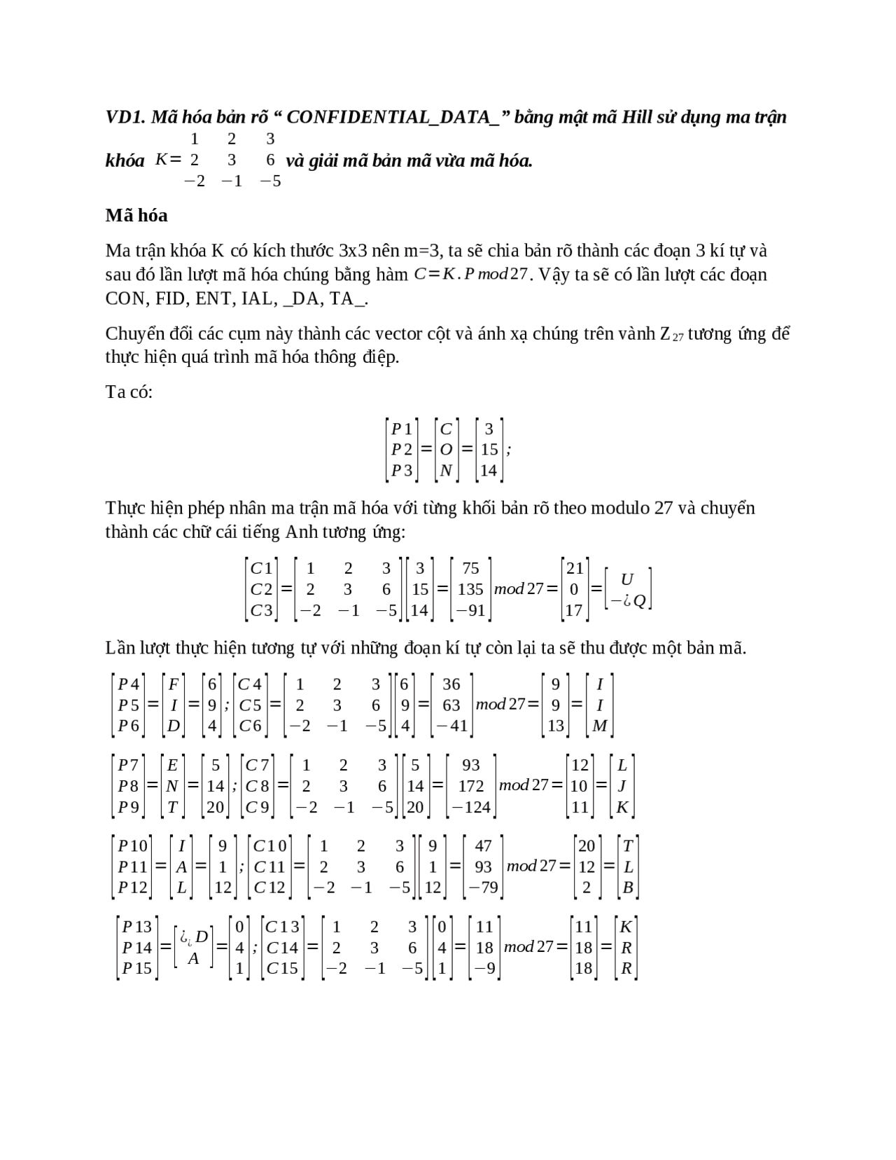 Mã hóa và giải mã thông tin bằng hệ mật mã cổ điển Hill (Hill Cypher ...