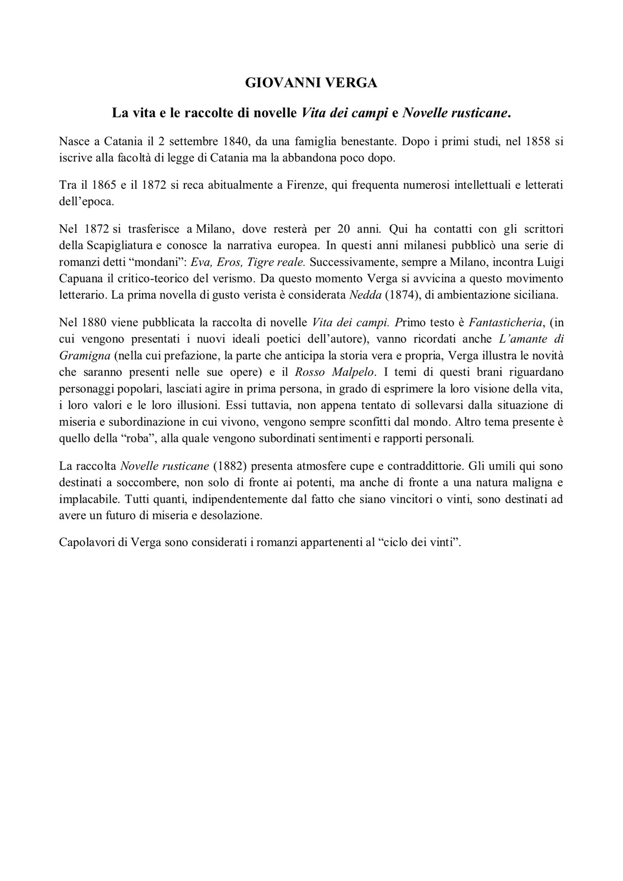 Giovanni Verga vita e opere | Schemi e mappe concettuali di Italiano | Docsity