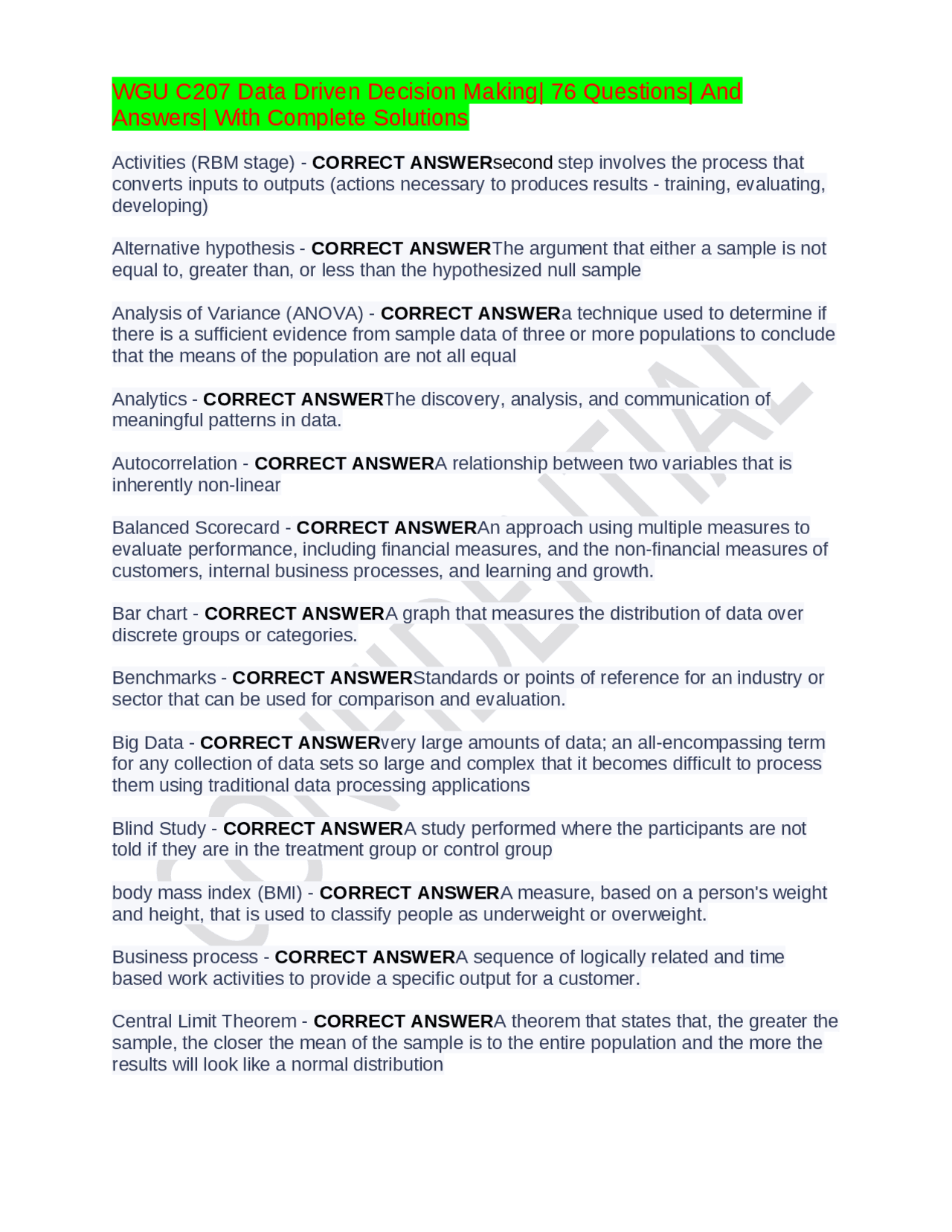 Wgu C207 Data Driven Decision Making 76 Questions And Answers With