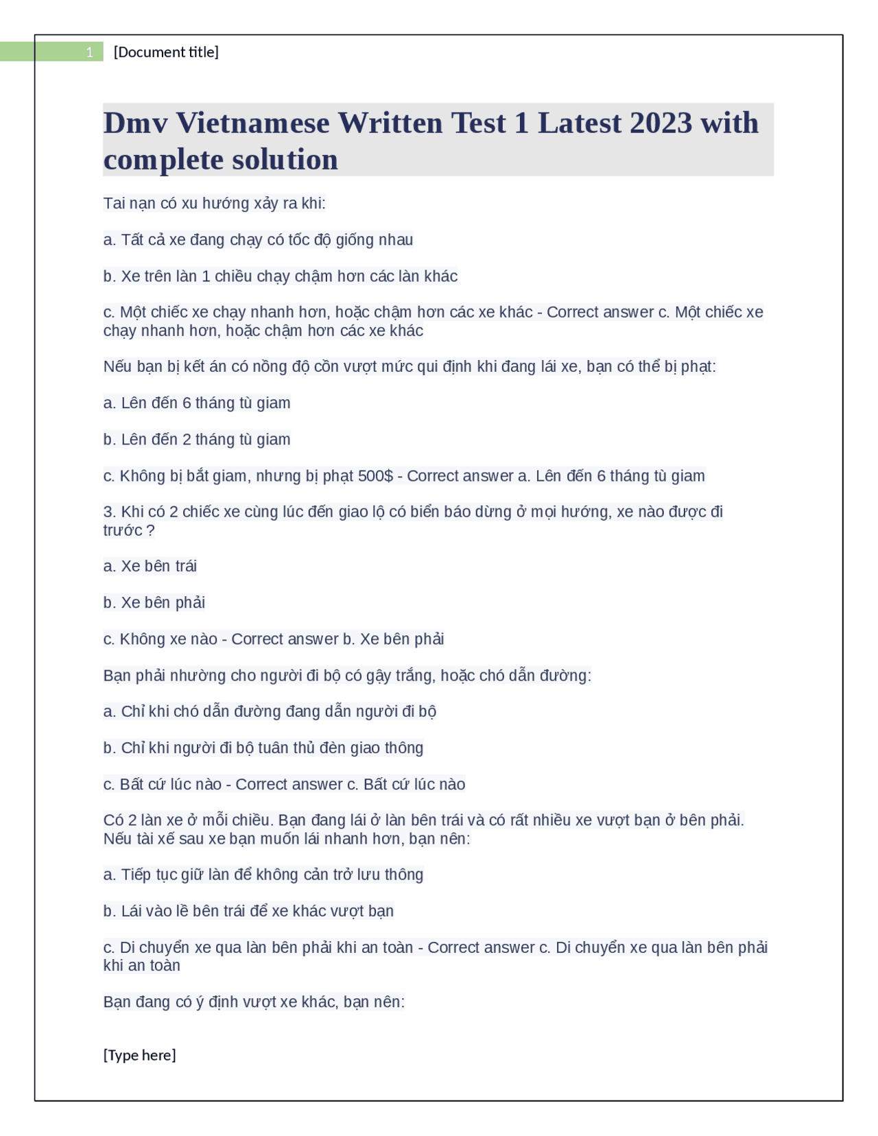 Dmv Vietnamese Written Test 1 Latest 2023 with complete solution ...