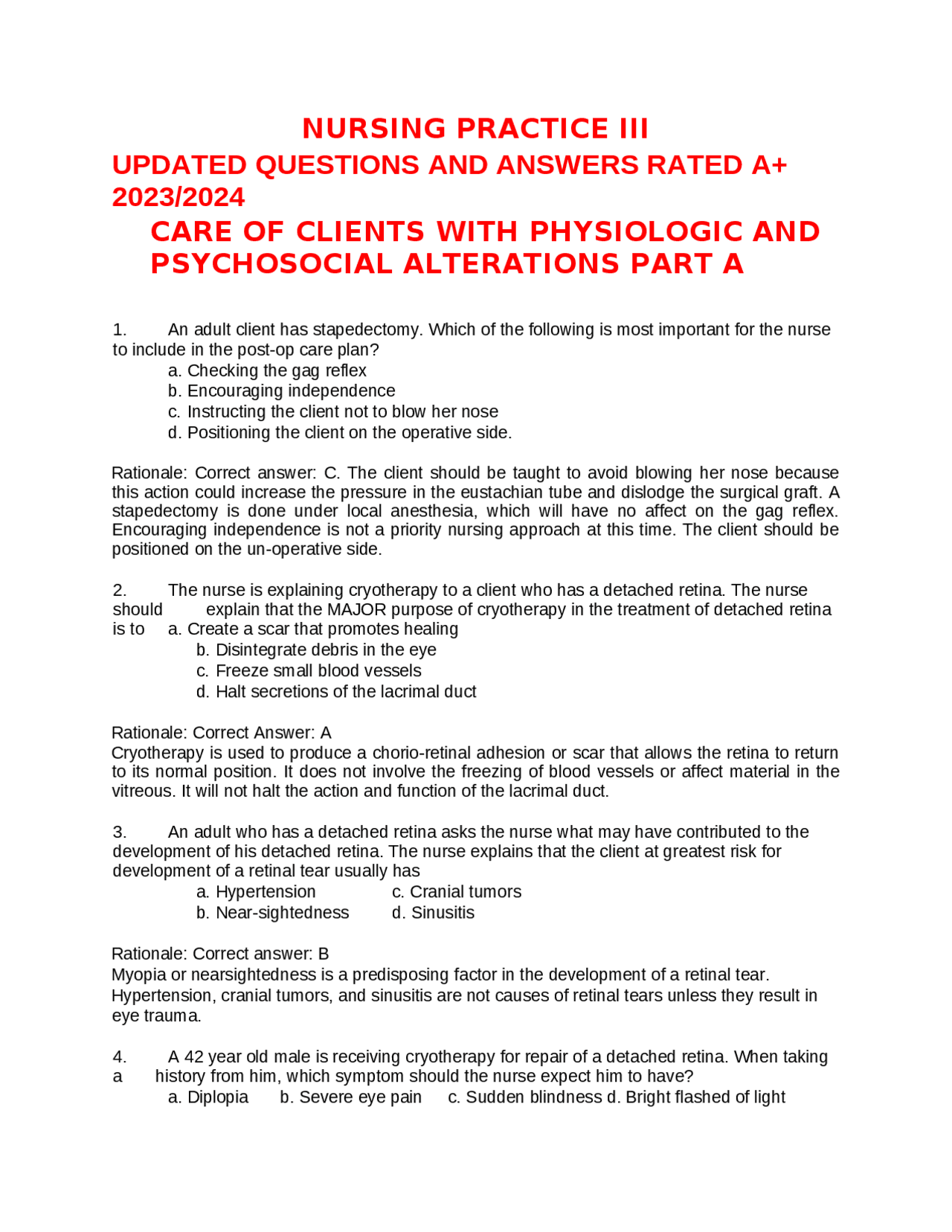NURSING PRACTICE III UPDATED QUESTIONS AND ANSWERS RATED A+ 2023/2024 ...