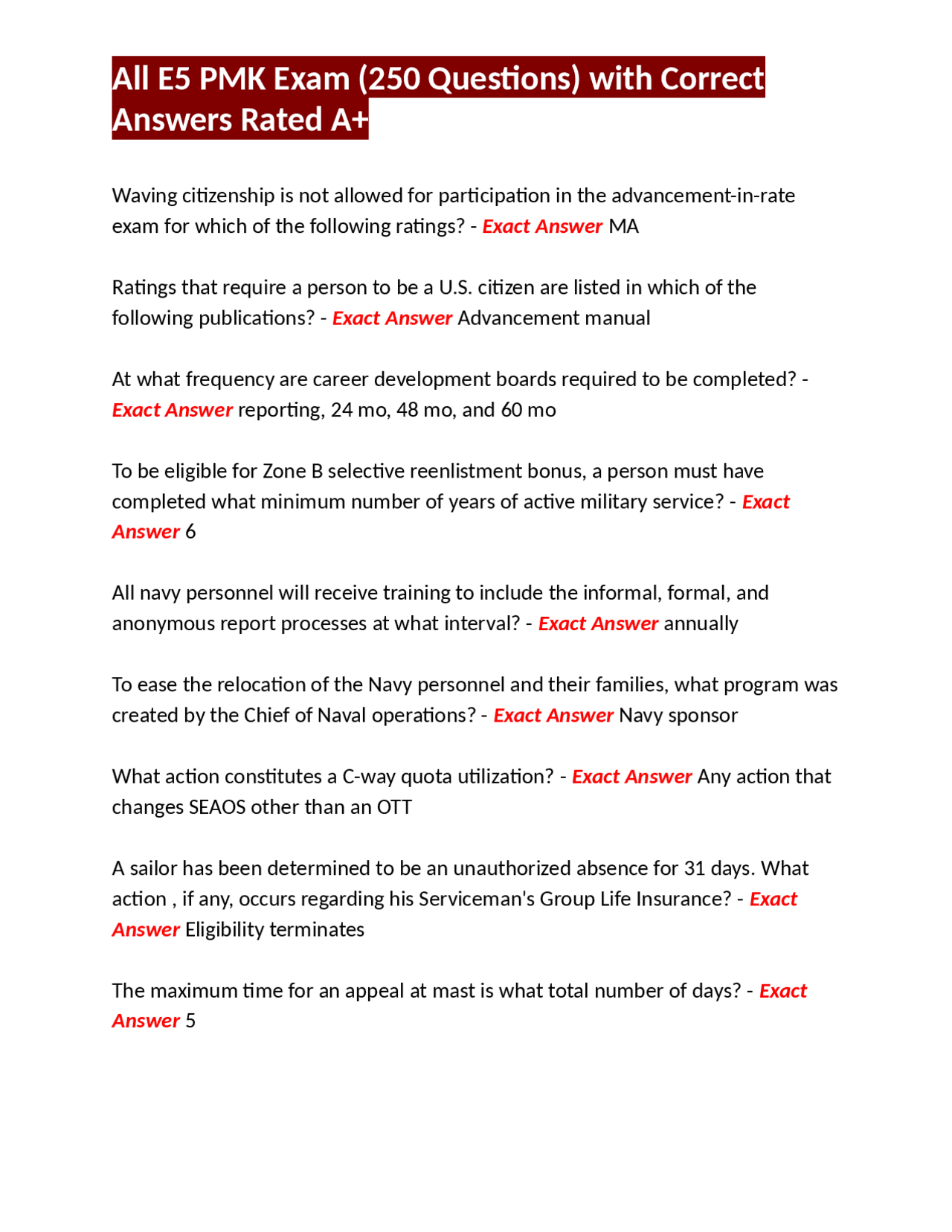 All E5 PMK Exam (250 Questions) with Correct Answers Rated A+ | Exams ...