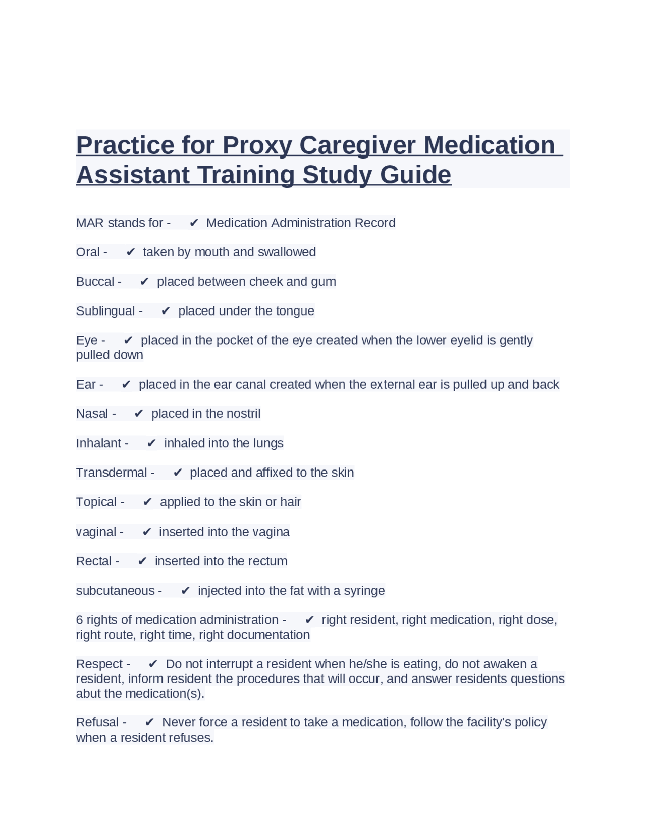 Practice for Proxy Caregiver Medication Assistant Training Study Guide ...