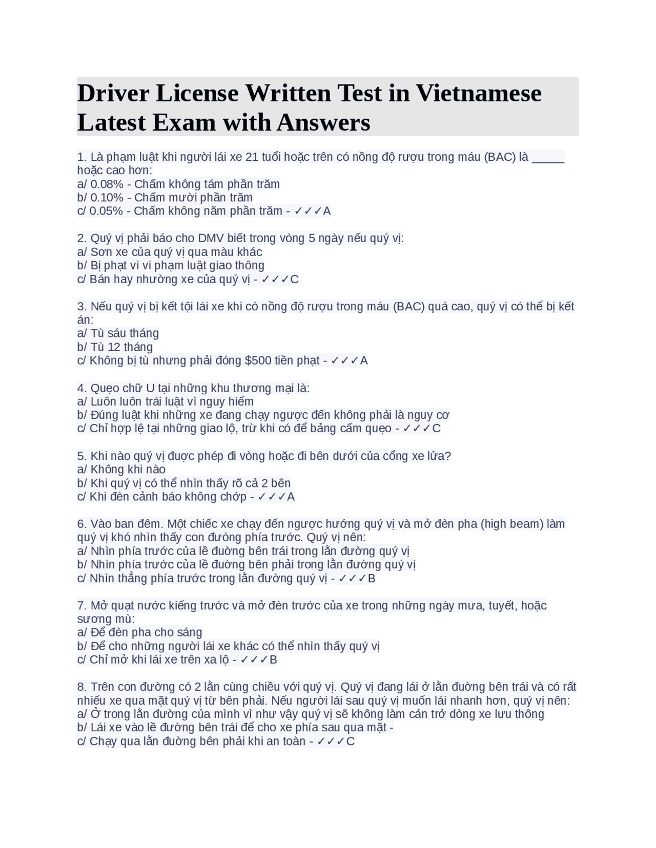 Driver License Written Test in Vietnamese Latest Exam with Answers ...