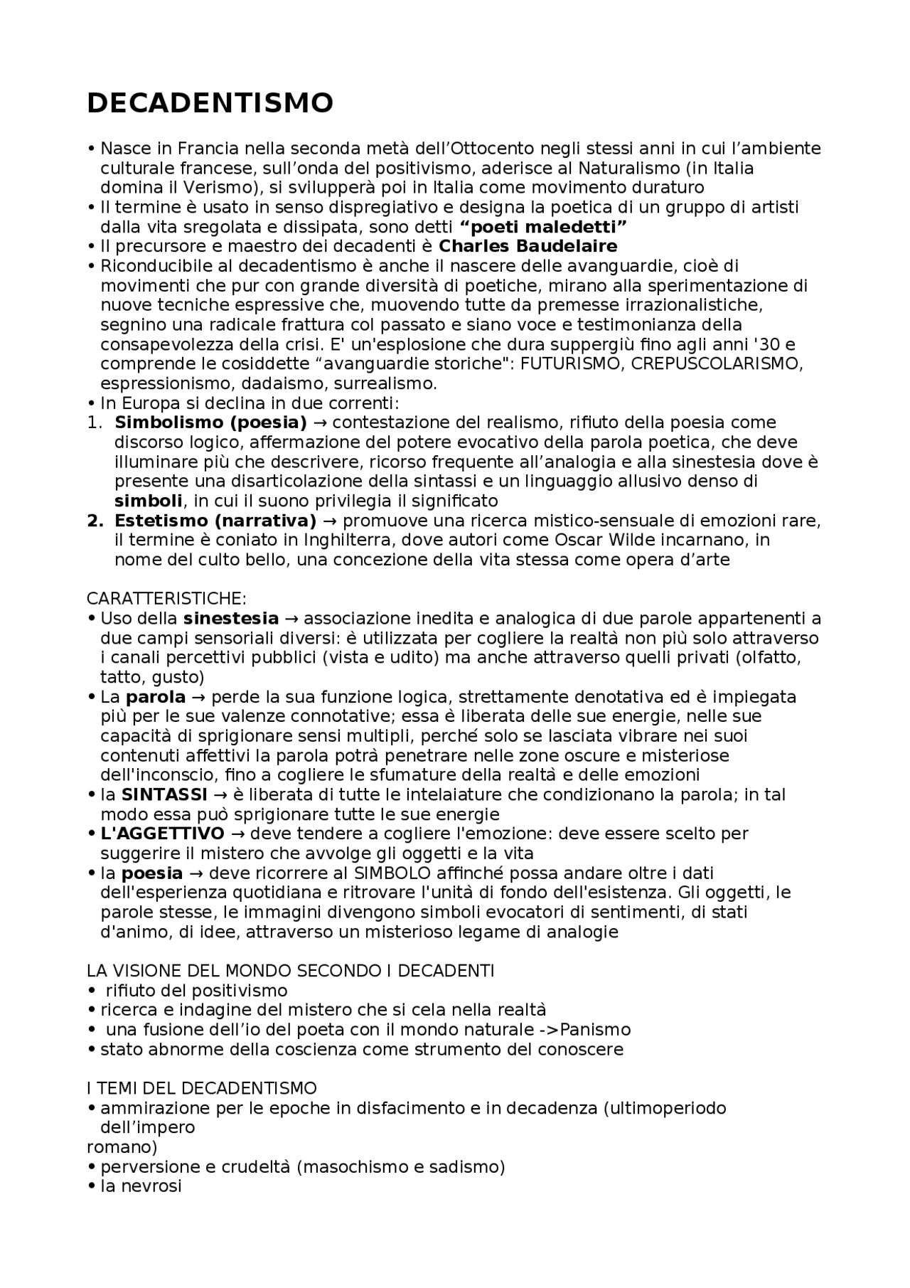 Decadentismo Caratteristiche Appunti Di Italiano Docsity