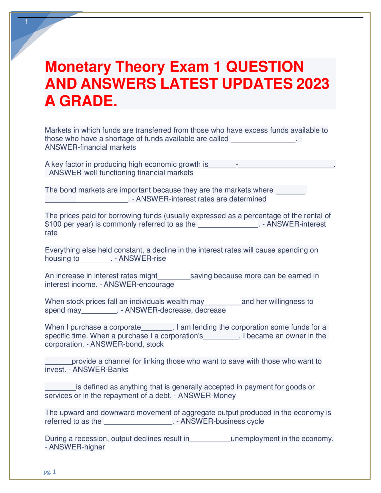 Monetary Theory Exam 1 Question And Answers Latest Updates 2023 A
