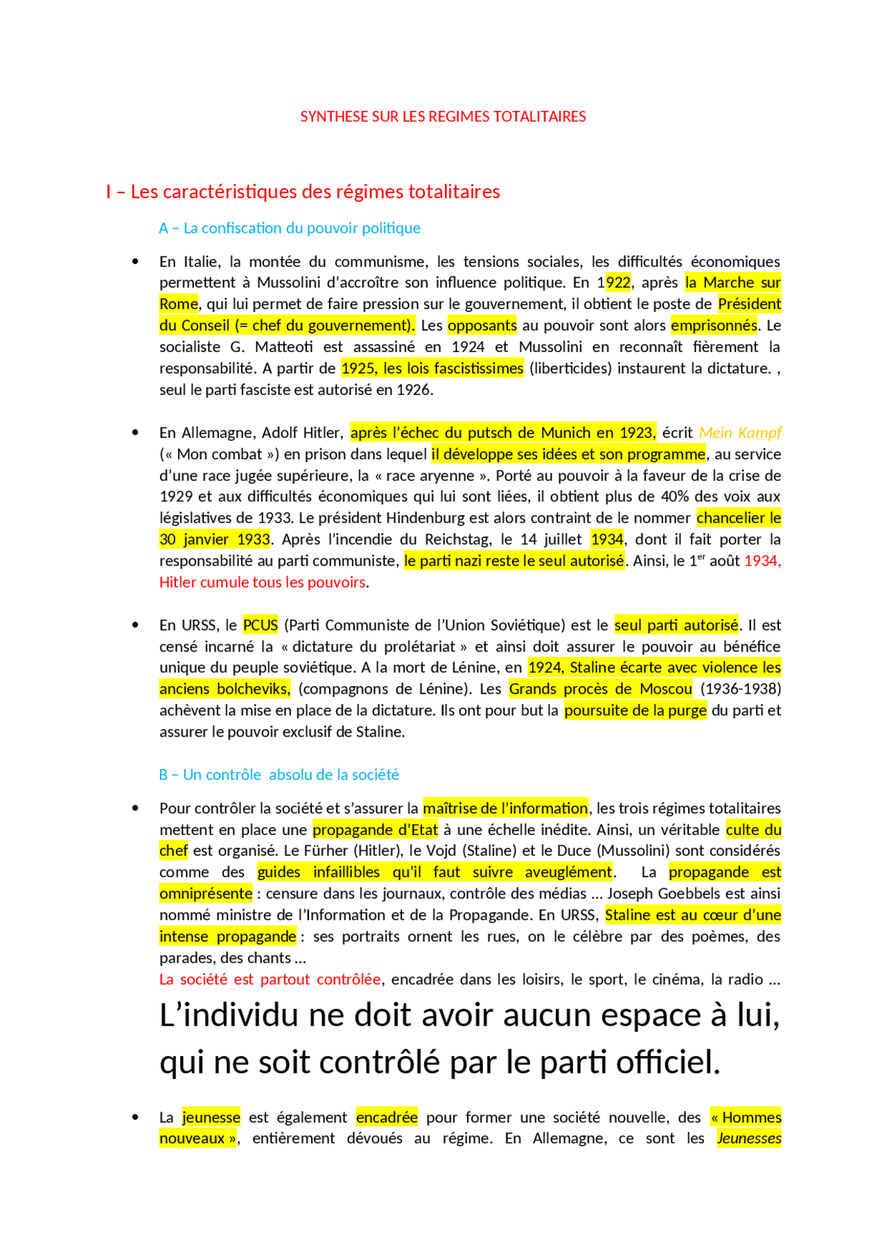 Synthèse Régime totalitaire terminale | Study notes History | Docsity