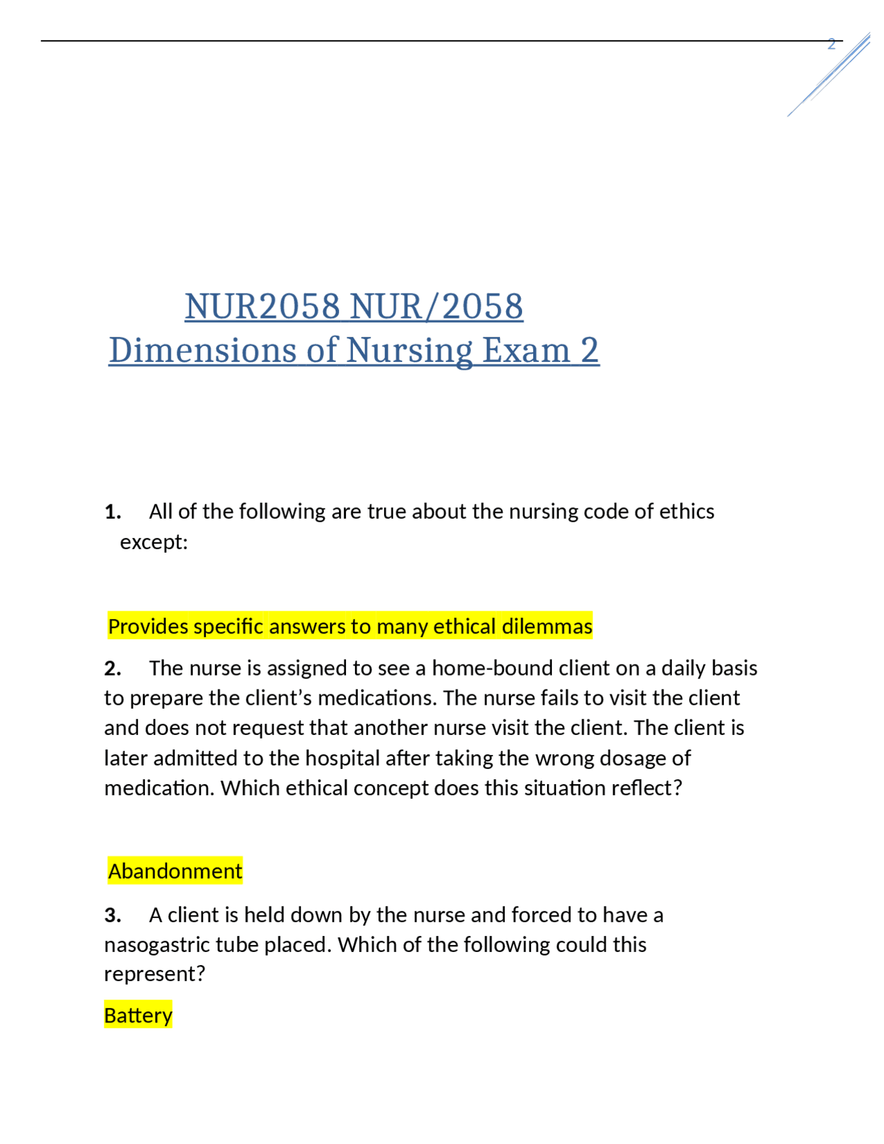 NUR2058 NUR/2058 Dimensions of Nursing Exam 2 | Exams Nursing | Docsity