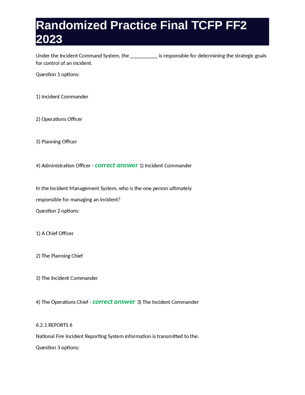 Randomized Practice Final TCFP FF2 2023 | Exams Nursing | Docsity